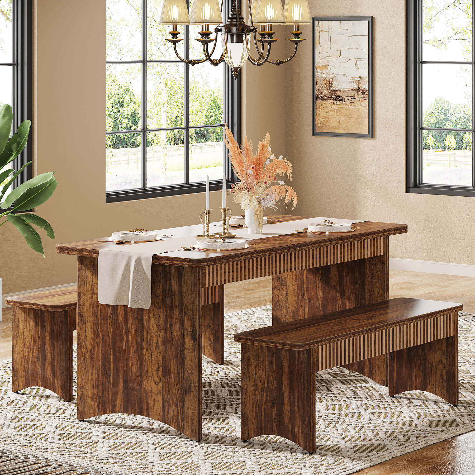 Ebern Designs Rectangular Dining Table Set for 4-6 Person, 3 Piece ...