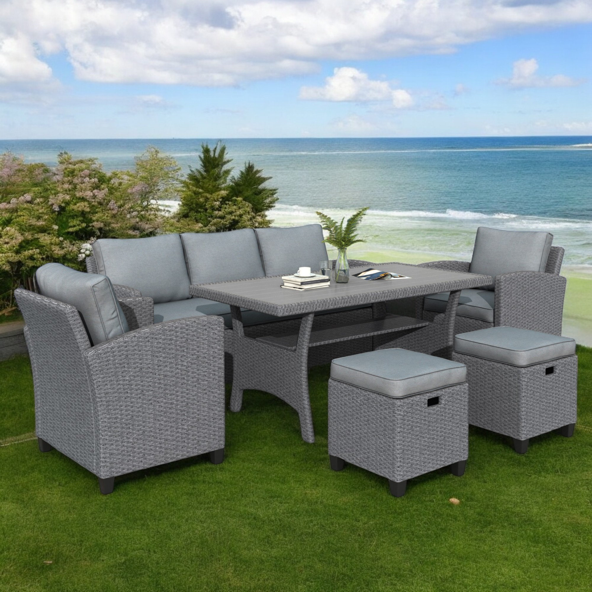 Latitude Run® Anthwan 6 Piece Rattan Lounge Dining with Cushions ...