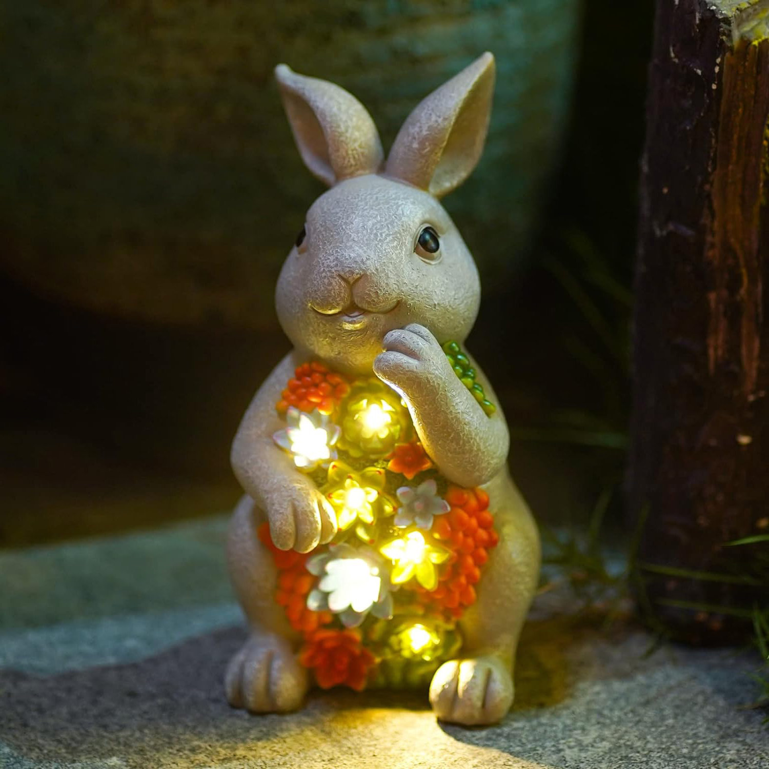 Gracie Oaks Solar Garden Outdoor Statues Bunny with Succulent and 7 LED ...