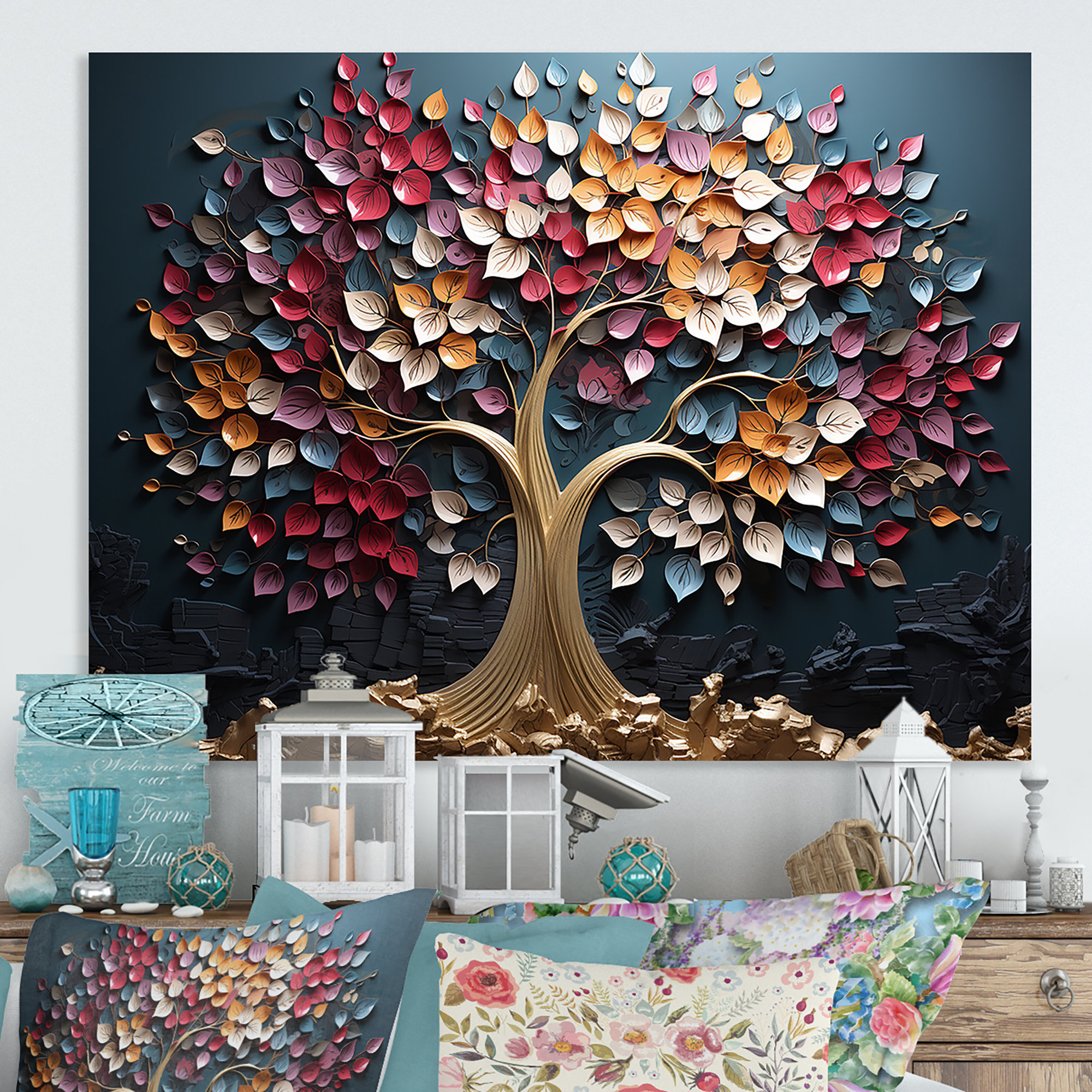 Lark Manor™ Pink And Blue Golden Tree On Blue Tones - Tree Metal Wall ...