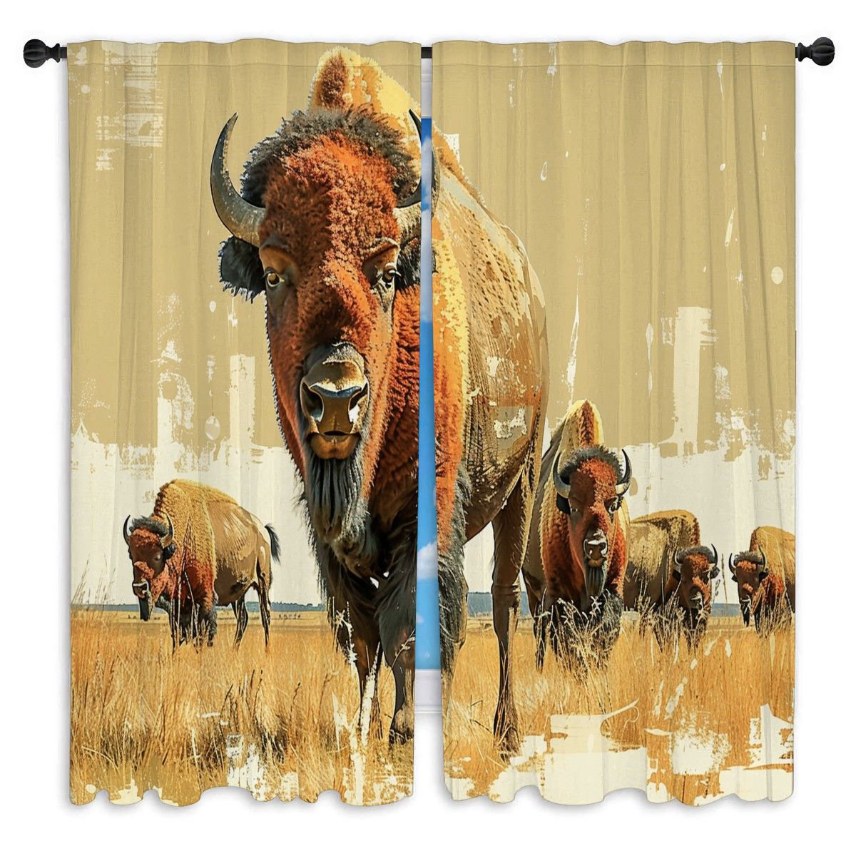 East Urban Home Herd of bison Window Curtains Wildlife Sunlit animals ...