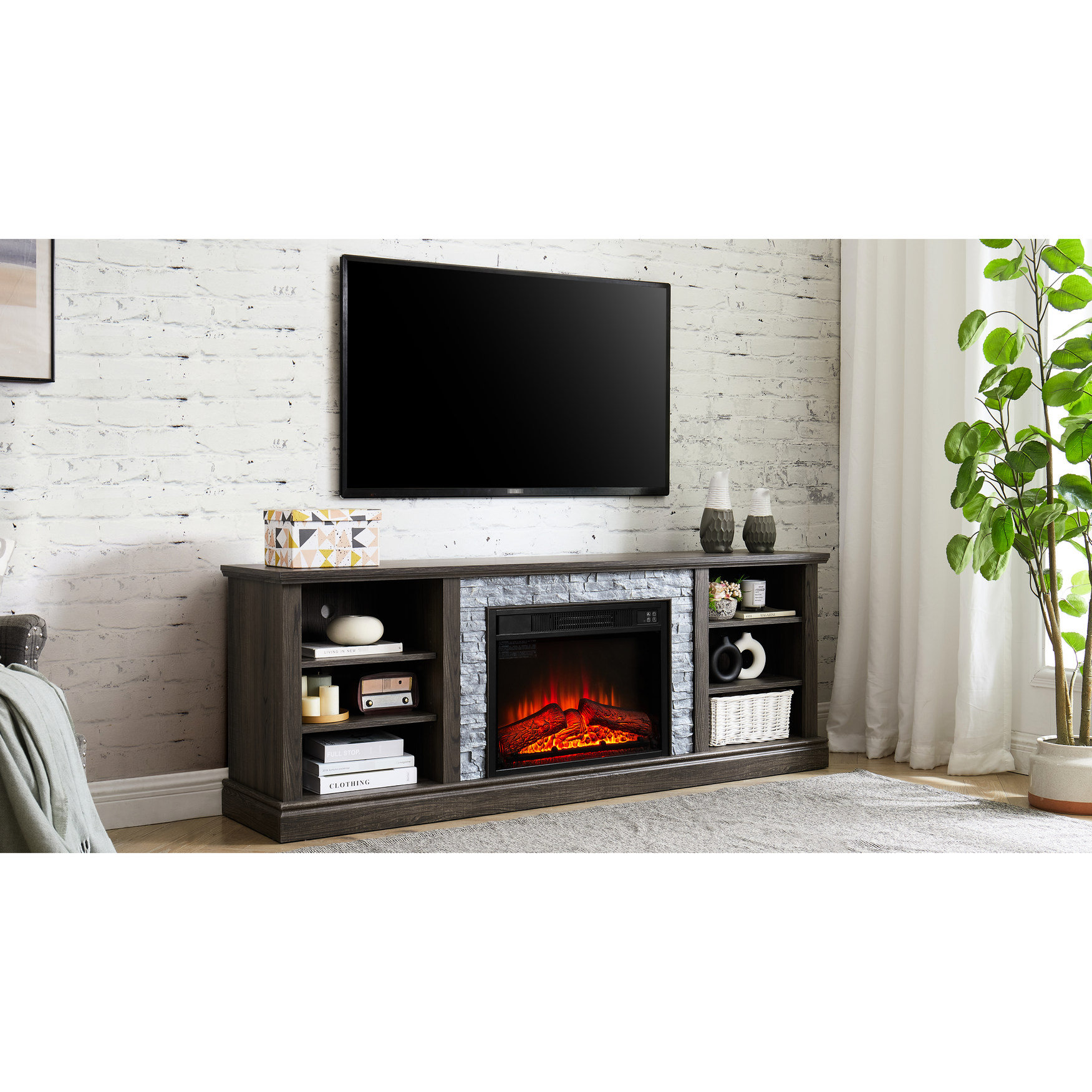 Red Barrel Studio® Tv Desk With Faux Stacked Stone Surround And 23 ...