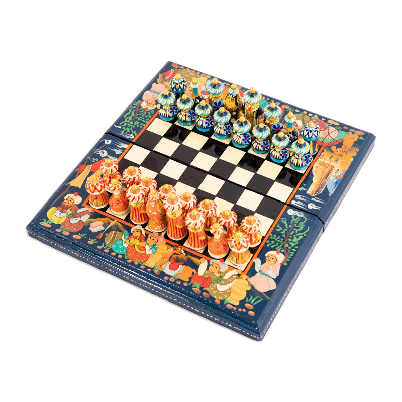 World Menagerie Crader Blue Bukhara Folklore Wood Chess Set | Wayfair