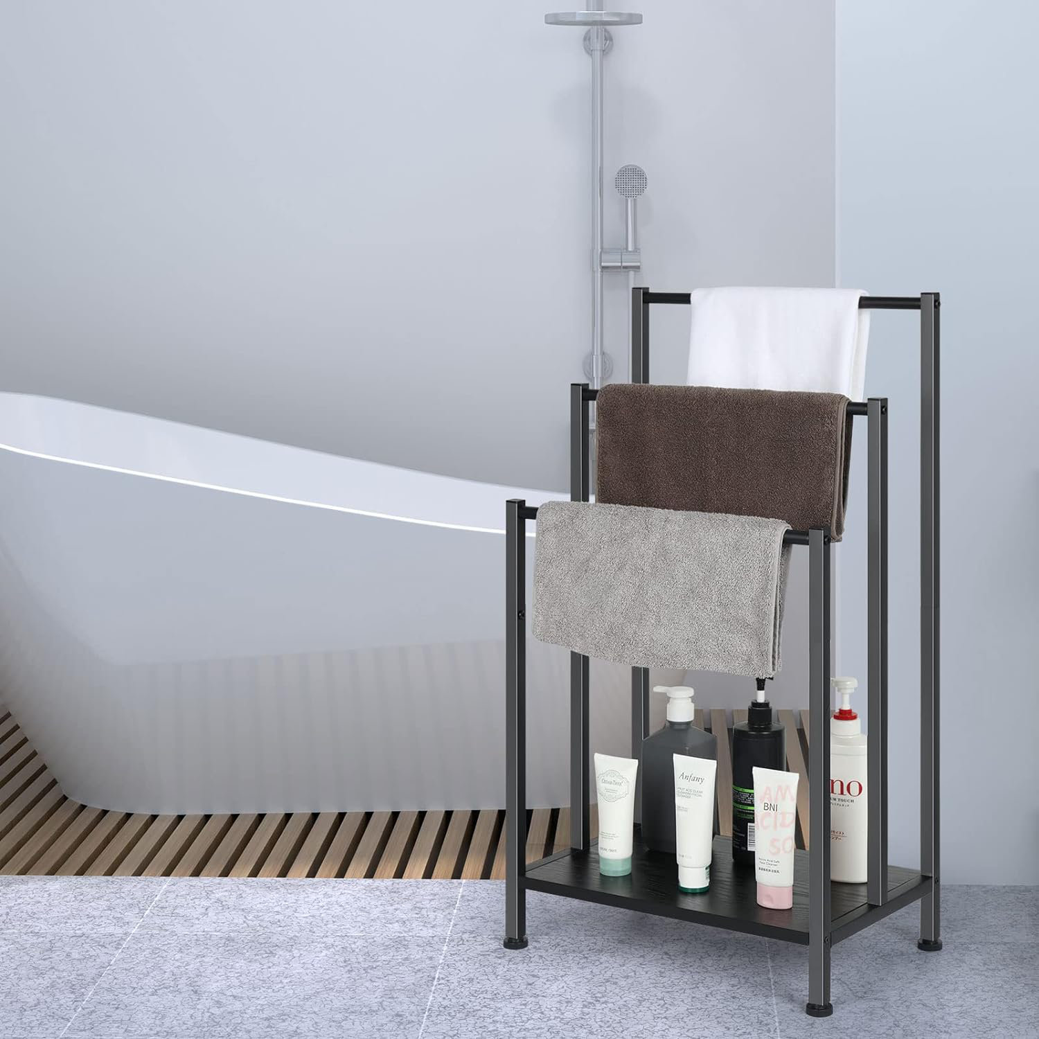 17 Stories Free Standing Blanket Ladder Holder Rack, 3 Tier Metal Towel ...