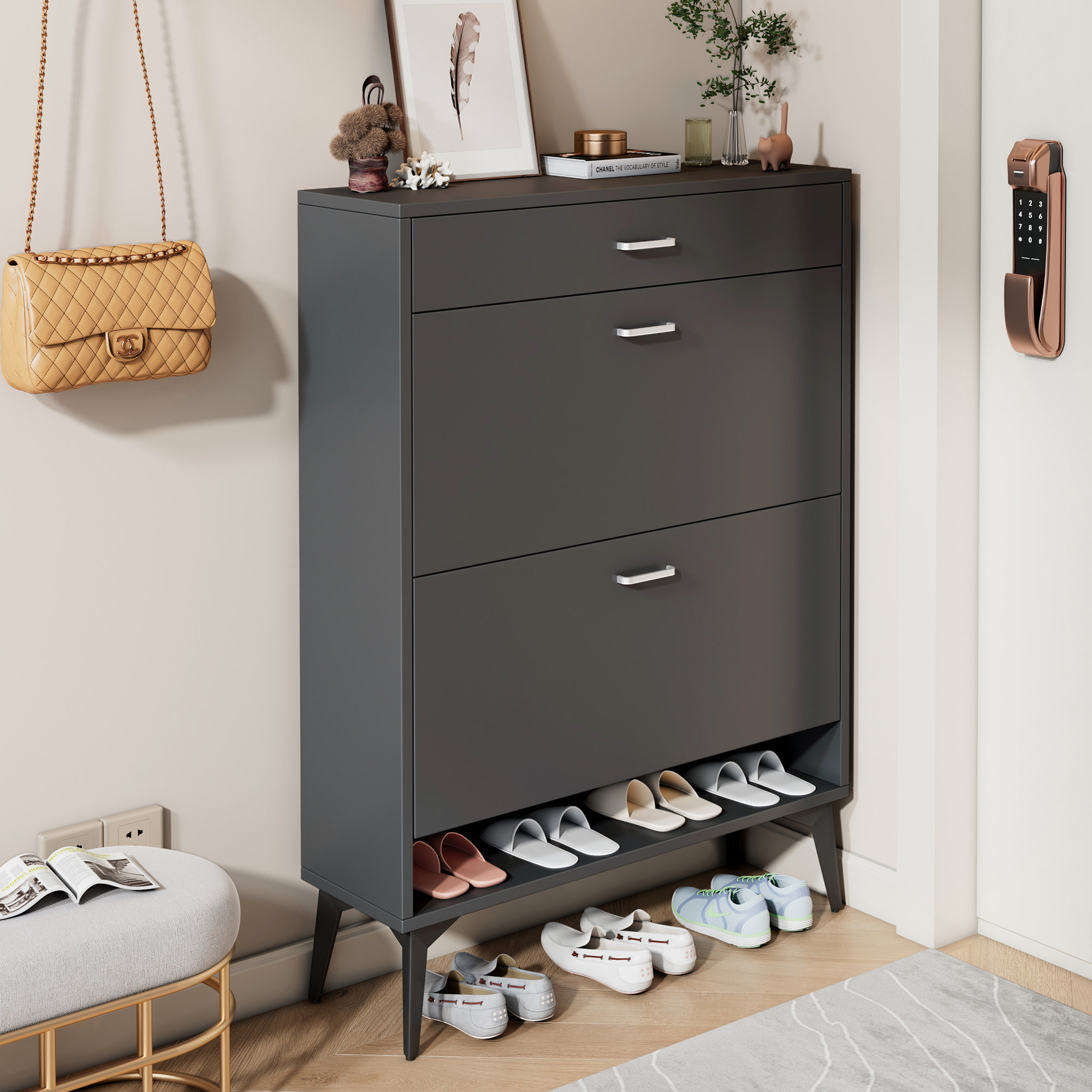 George Oliver Shoe Cabinet With 2 Flip Drawers Open Shelf Modern Shoe ...