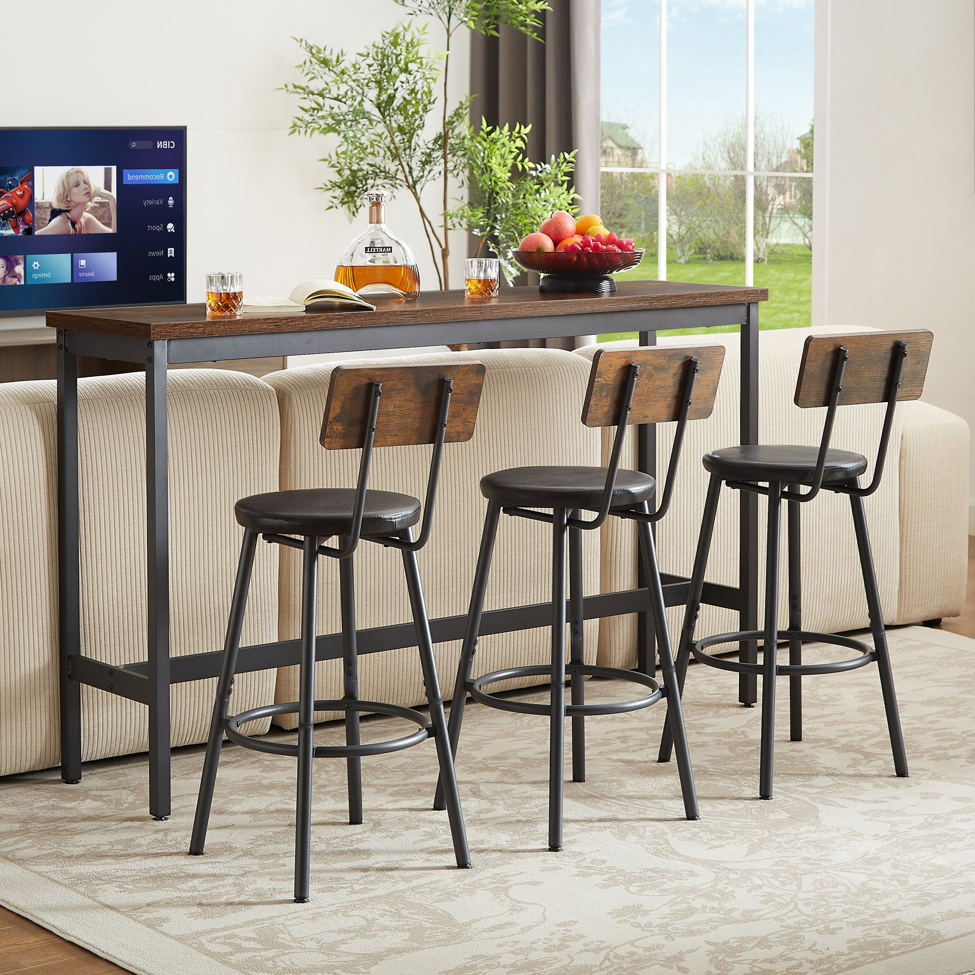 George Oliver Long Bar Table Set With 3 PU Upholstered Bar Stools, 4 ...