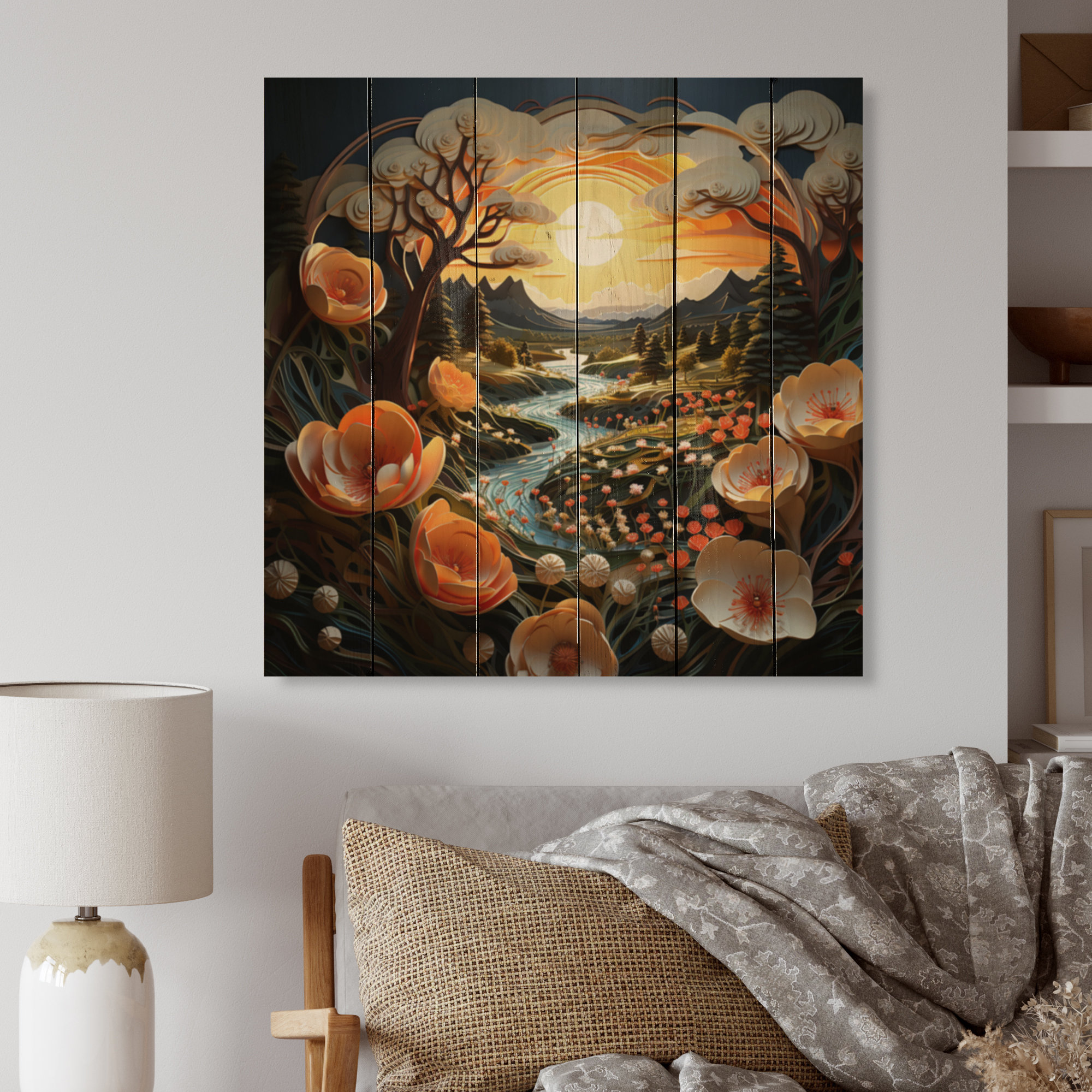 Red Barrel Studio Coucher de soleil doré, collage de prairies I ...