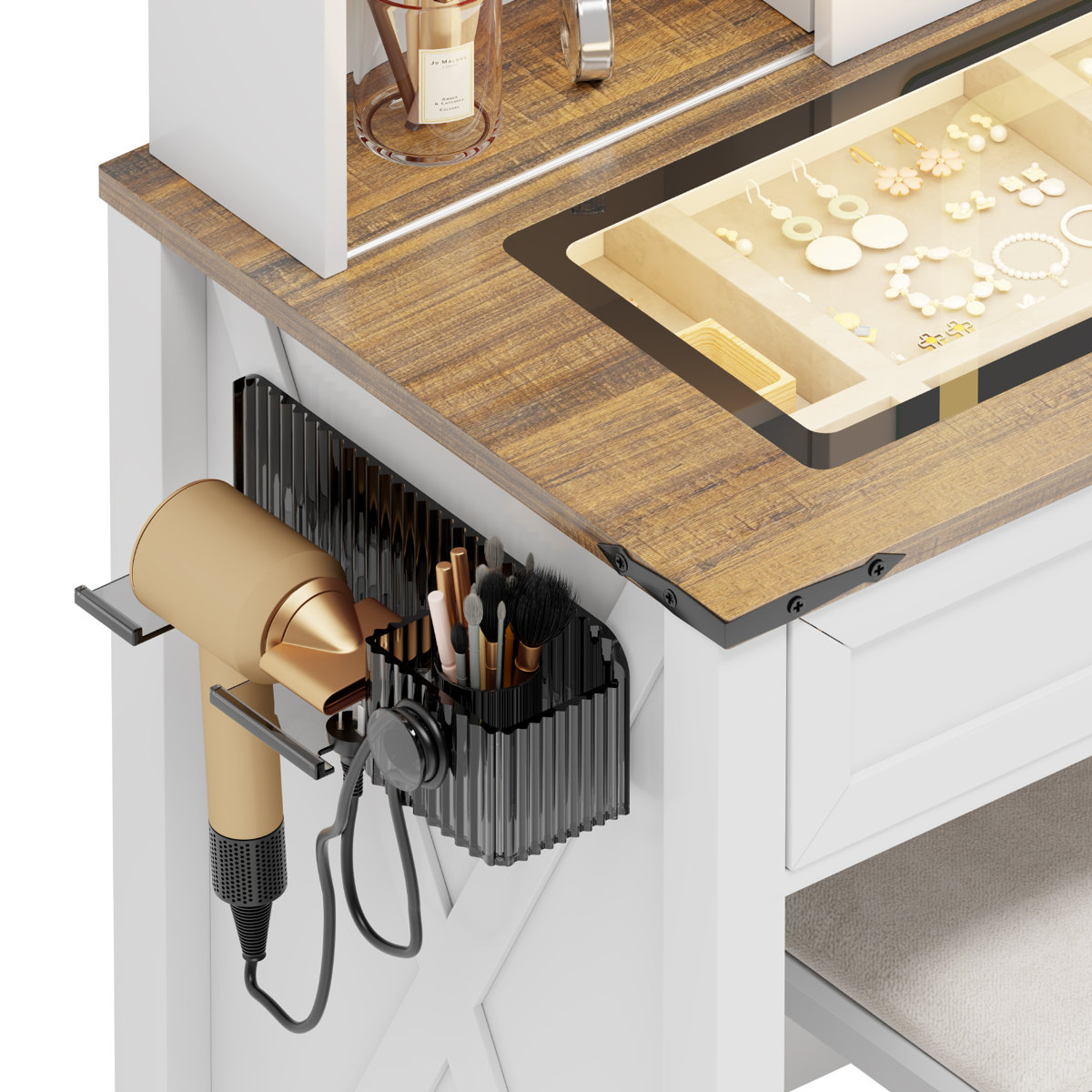 Gracie Oaks Polett Makeup Vanity With Sliding LED Mirror and Outlets ...