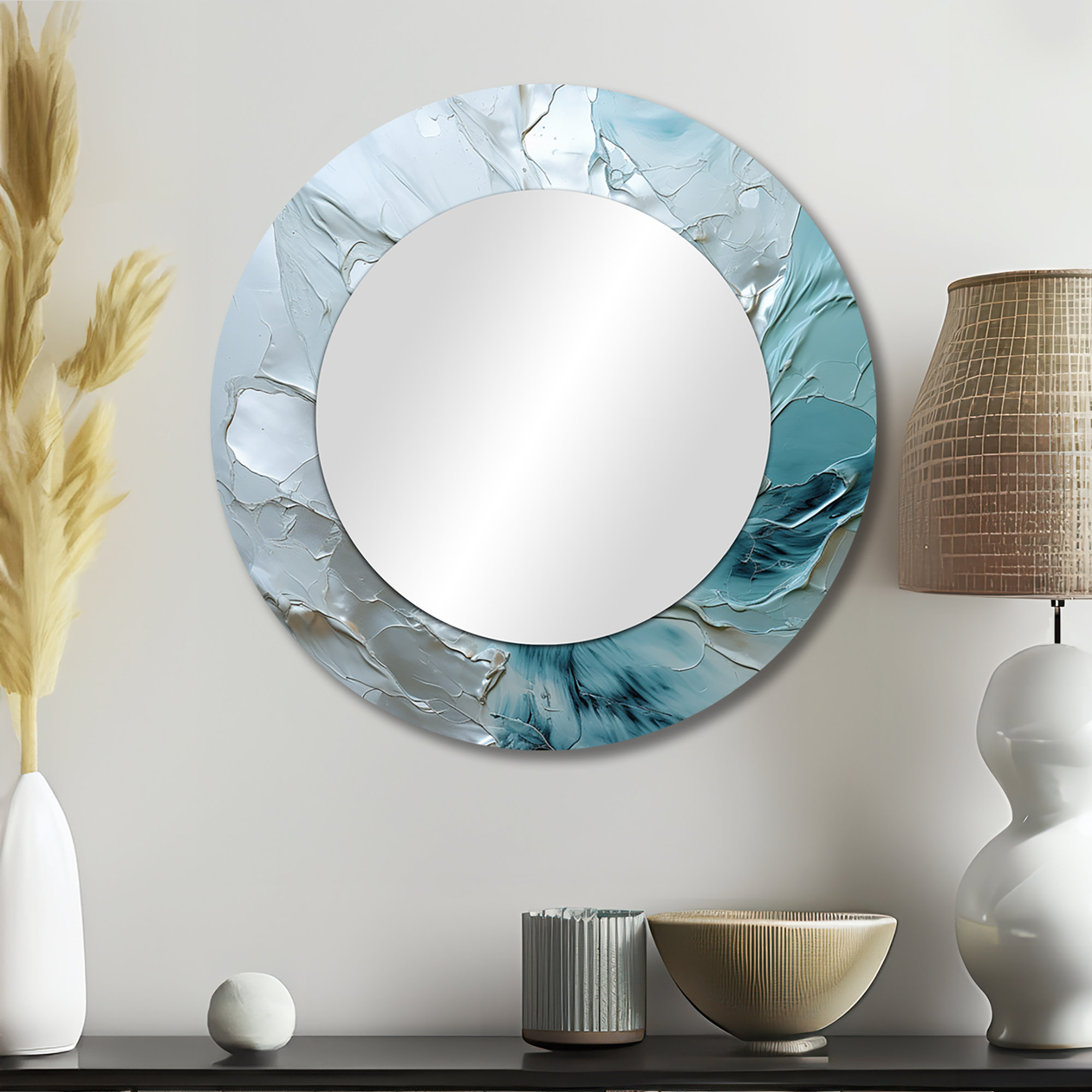 Design Art Silver Shimmer - Abstract Landscape Grey Round Mirror ...