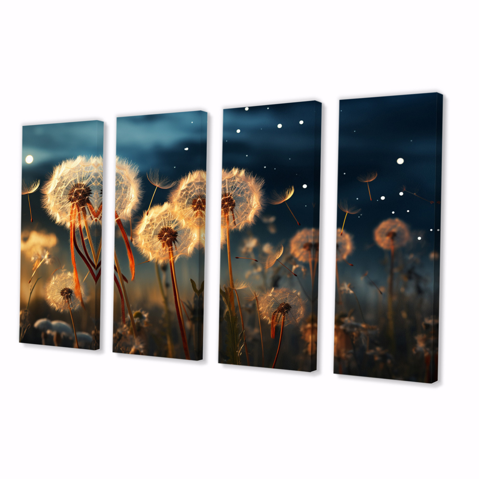 Design Art Sunset Dandelion Field IV - Floral Canvas Print - 4 Panels ...