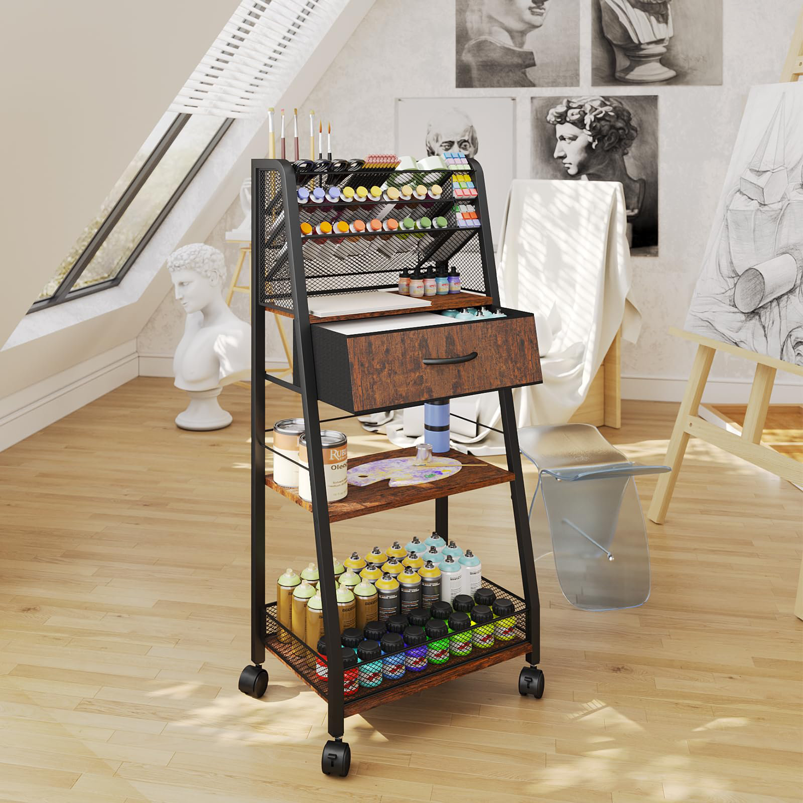 17 Stories 3-Tier Metal Rolling Utility Cart With Storage Drawer ...
