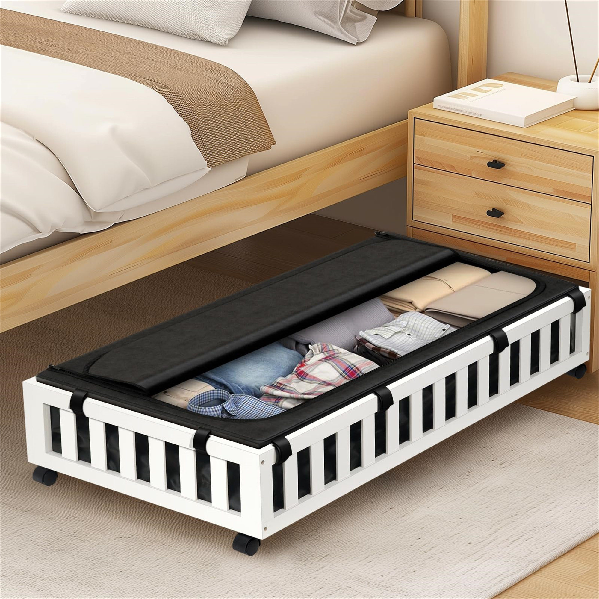 Rebrilliant 2 Pack Bamboo Under Bed Storage With Wheels, 39”X20”X7.8 ...
