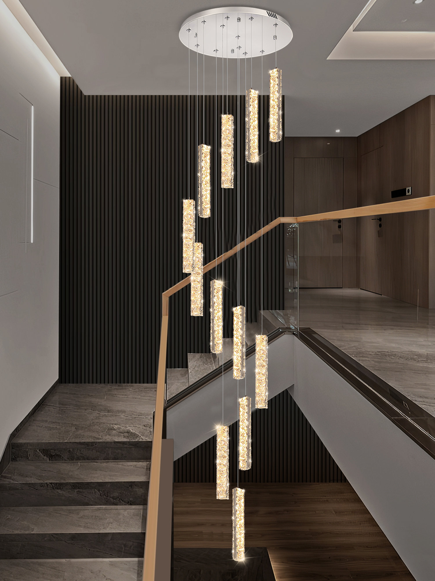 Ivy Bronx Chebia 12-Light Crystal Column Chandeliers 10ft Long Foyer ...