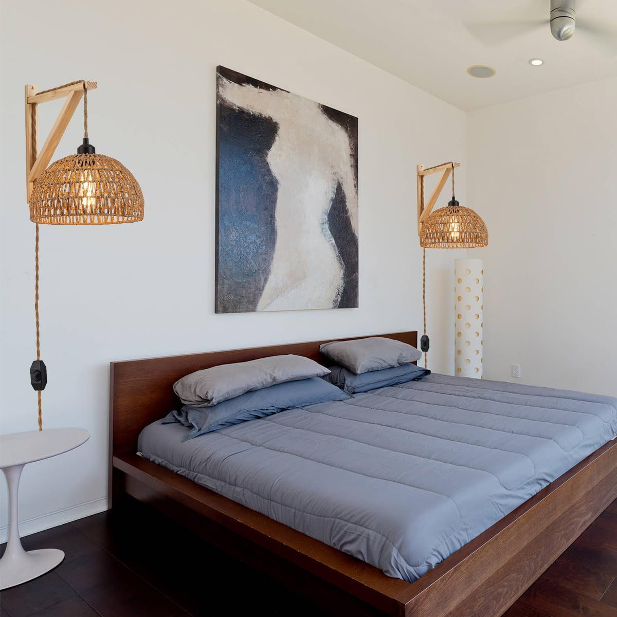 Dakota Fields Boho Rattan Wall Sconce Plug In Hanging Lamp Hand Woven ...