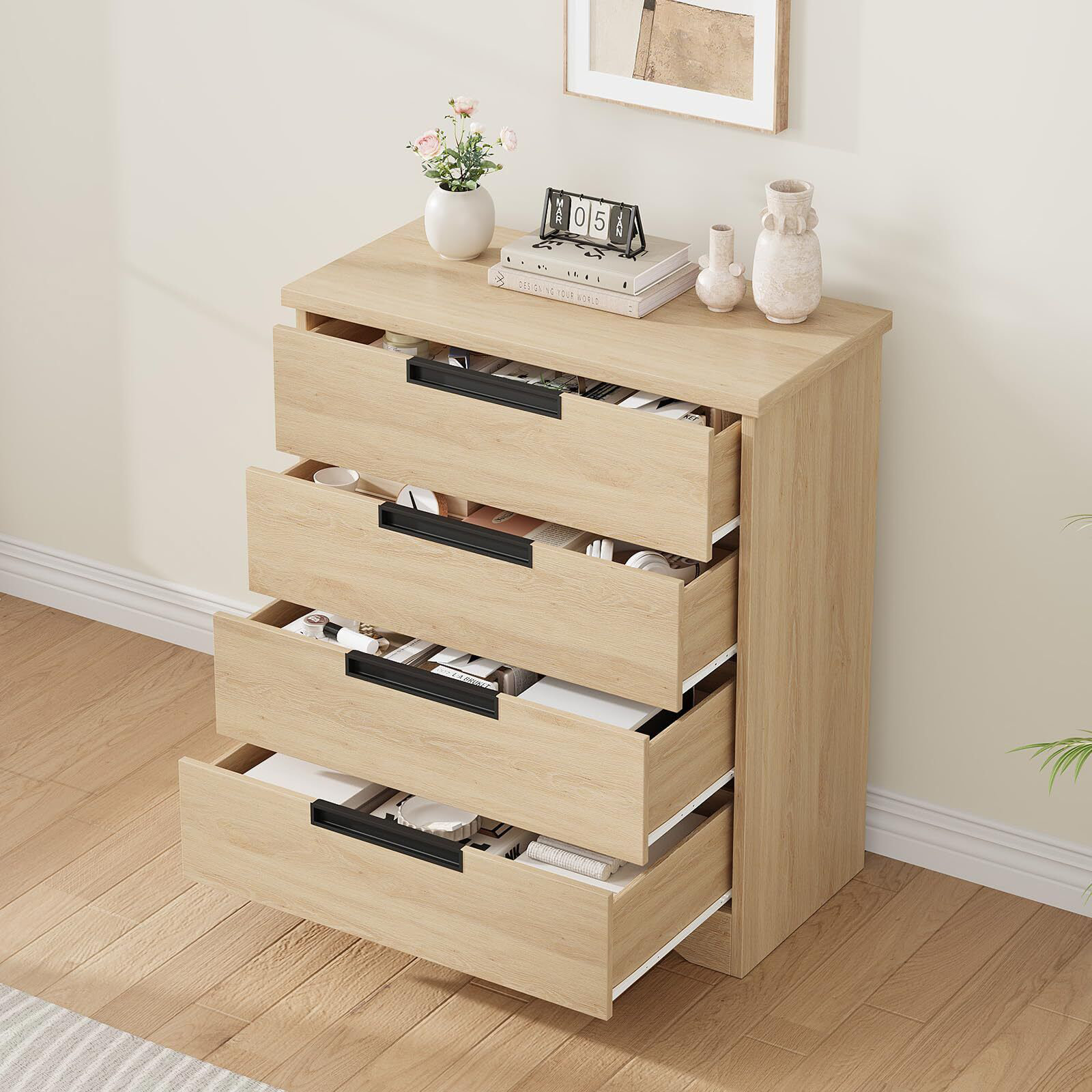 Latitude Run® Natural 4-Drawer Cabinet with Recessed Handles - Wood ...