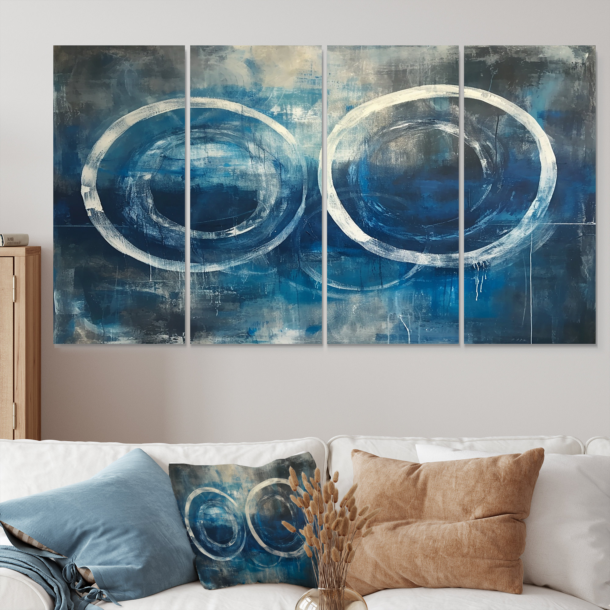 Ivy Bronx White Circle Grunge Blue - Geometric Wall Art Canvas 4 Piece ...