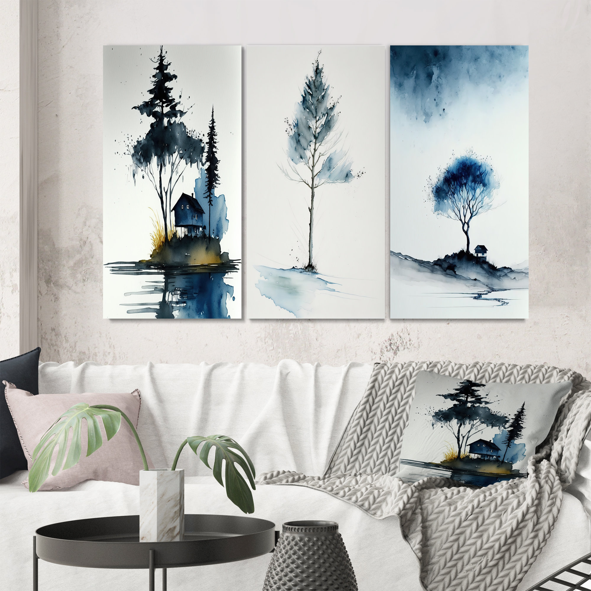 Ivy Bronx " Blue Watercolor Tree In The Countryside " 3 - Pieces on ...