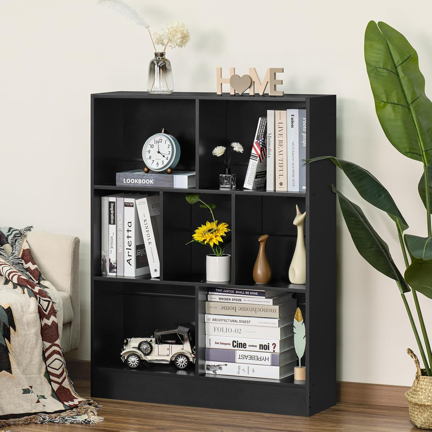 Ebern Designs Black 7 Cube Bookshelf,3 Tier Modern Horizontal Bookcase ...