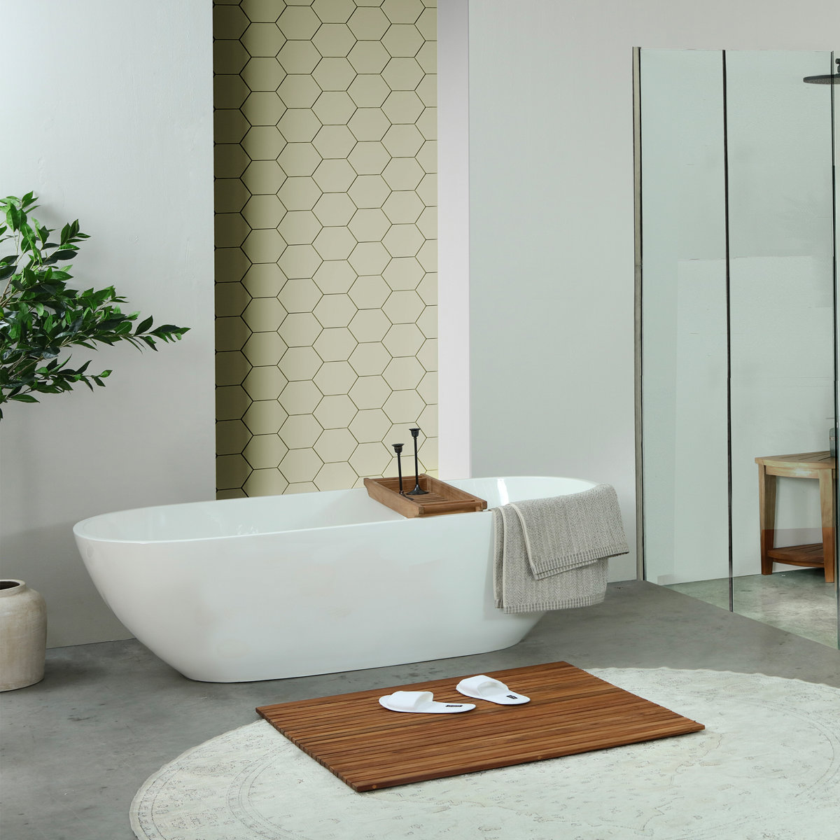 Nordic Style Teak Shower And Bath Oiled Brown String Mat With Rubber ...