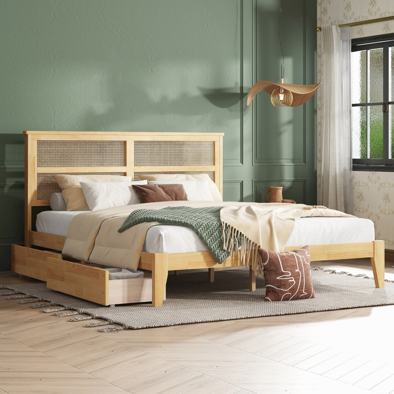 Bay Isle Home™ Solid Wood Platform Bed With Rattan Inset Headboard, 2 ...