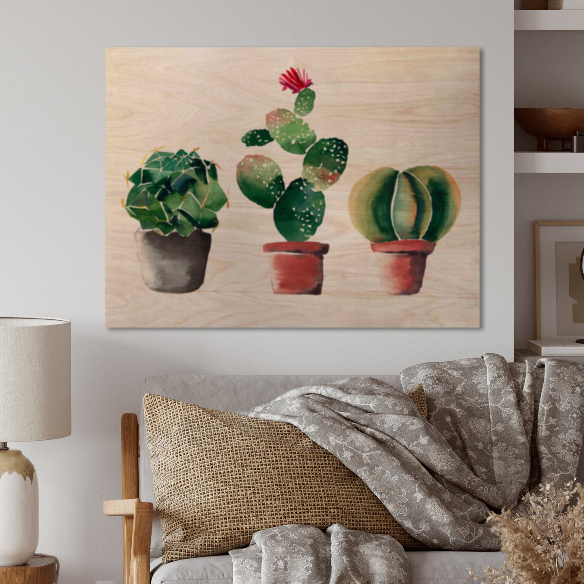 Bungalow Rose Three Cactus In Clay Pots - Traditional Wood Wall Art ...