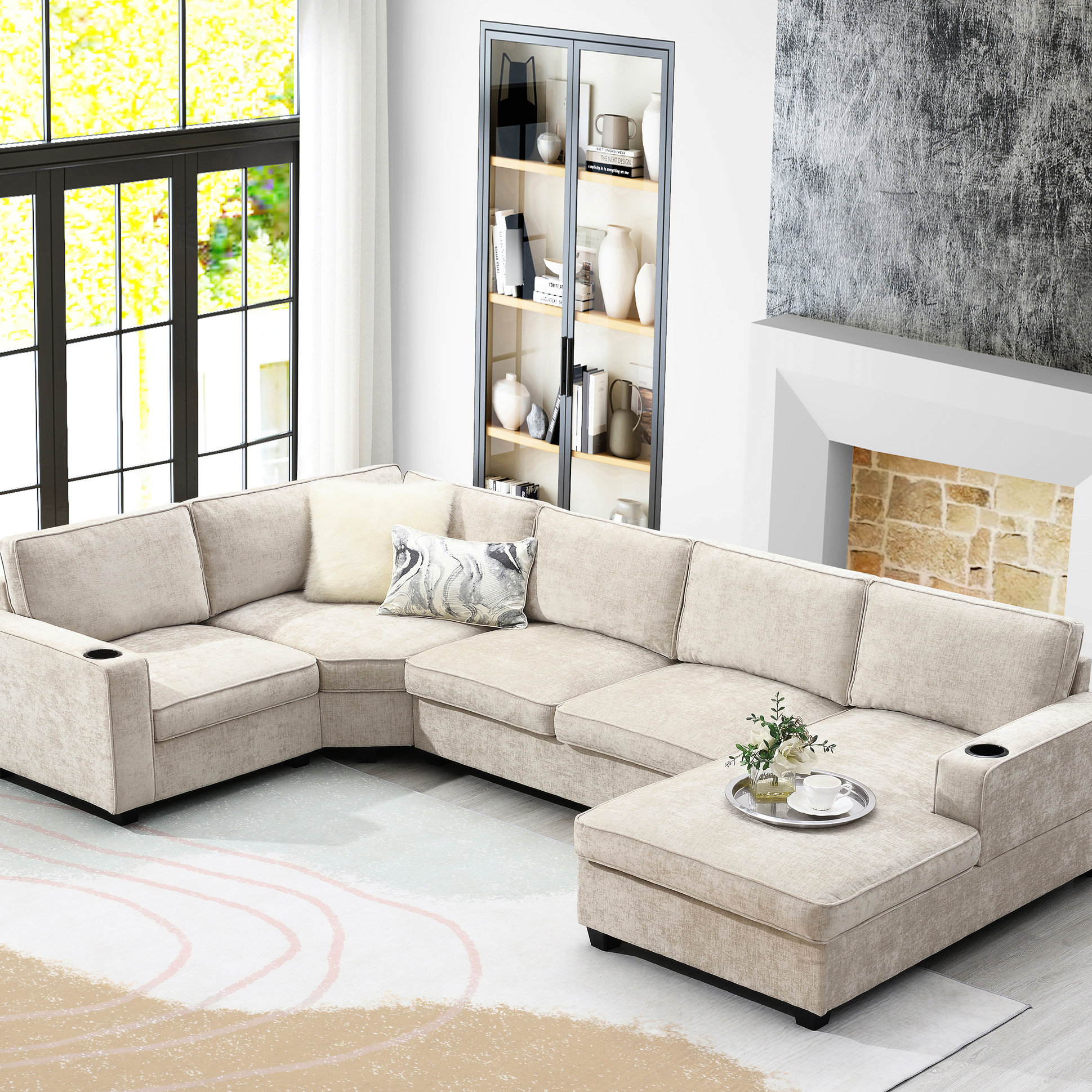 Ebern Designs U Shaped Sectional Couch With Chenille, 6 Seat And An ...
