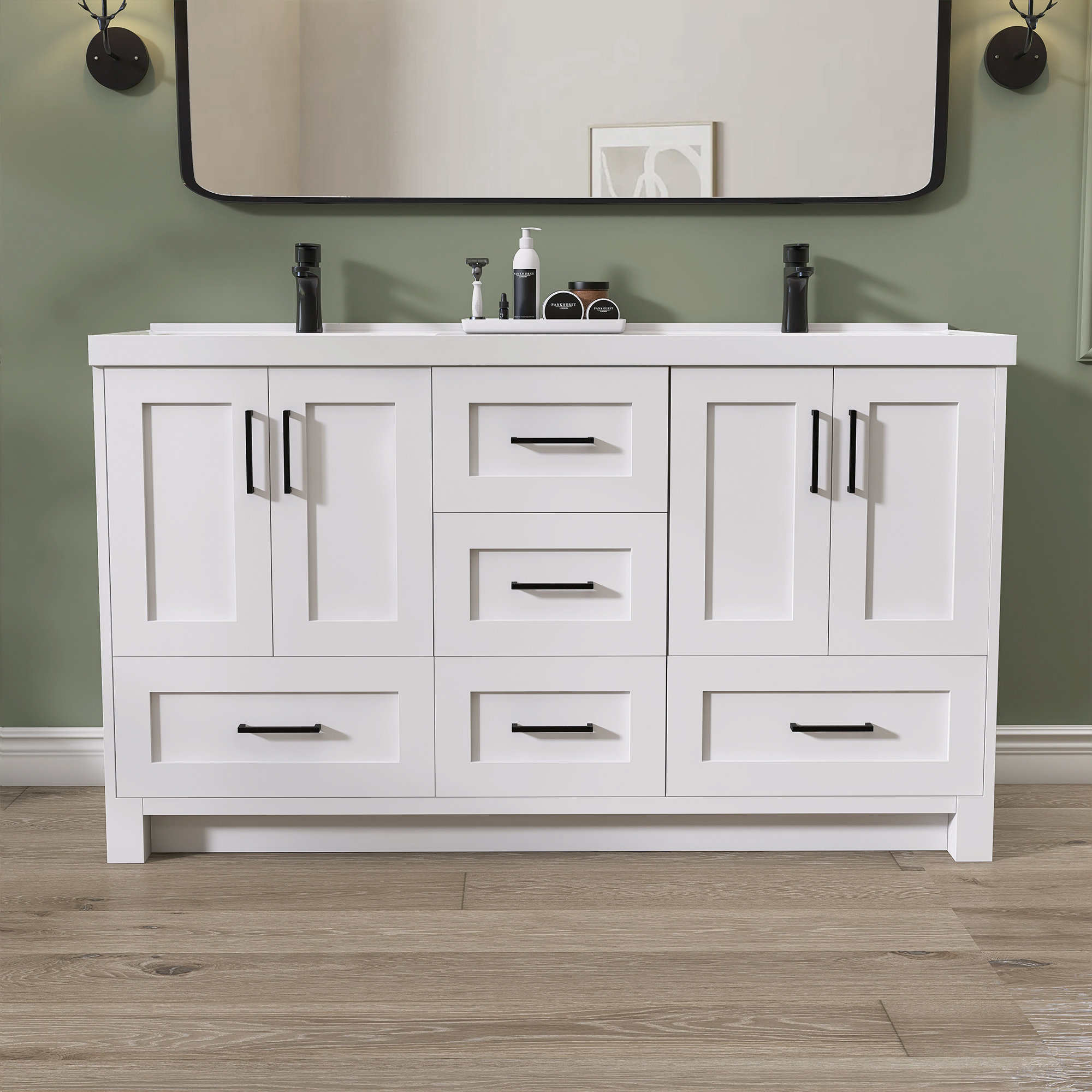 Mercer41 Ensemble de meuble-lavabo autoportant à double cuve en bois massif avec plateau de ...