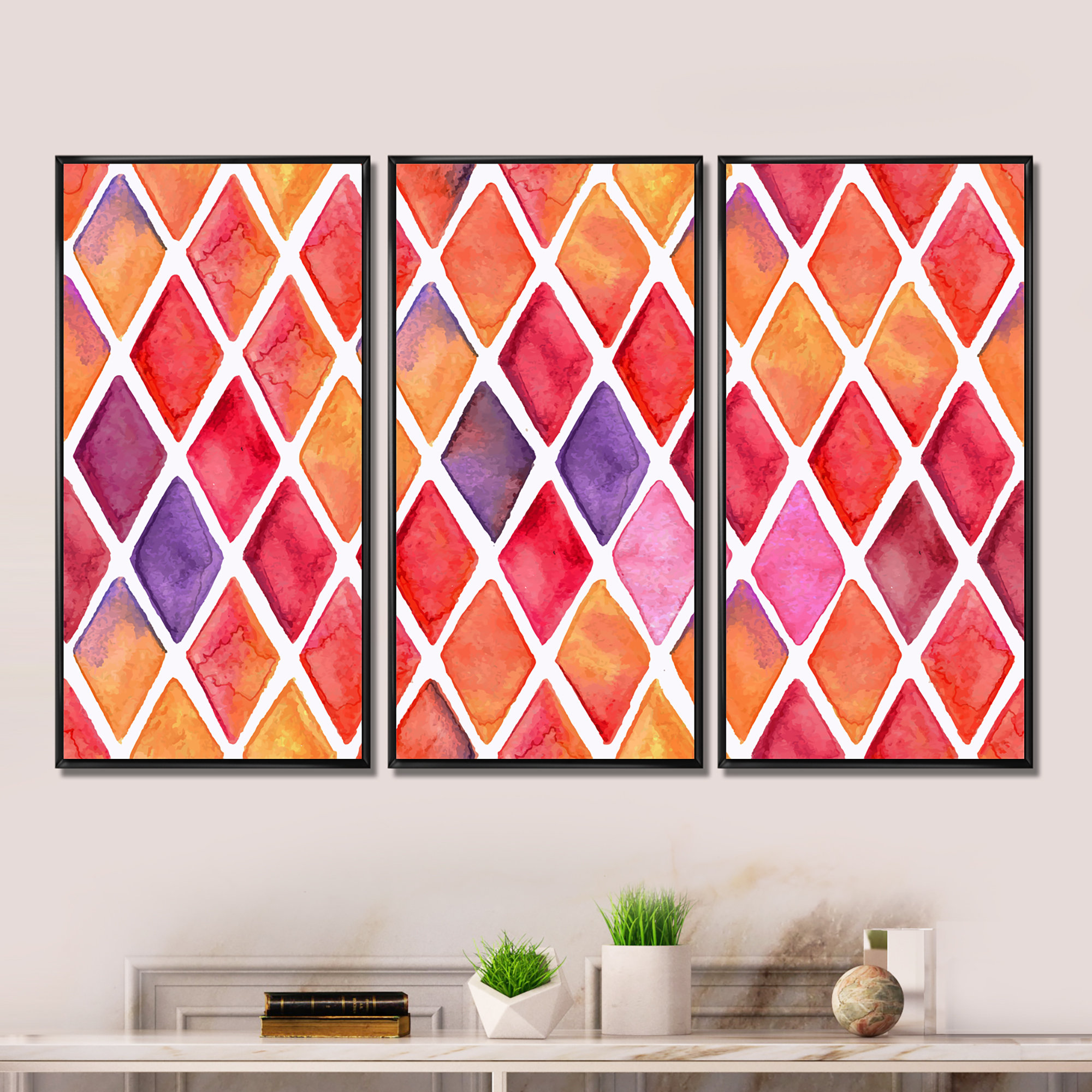 Ebern Designs Orange and Red Diamonds - 3 Piece Floater Frame Print on ...
