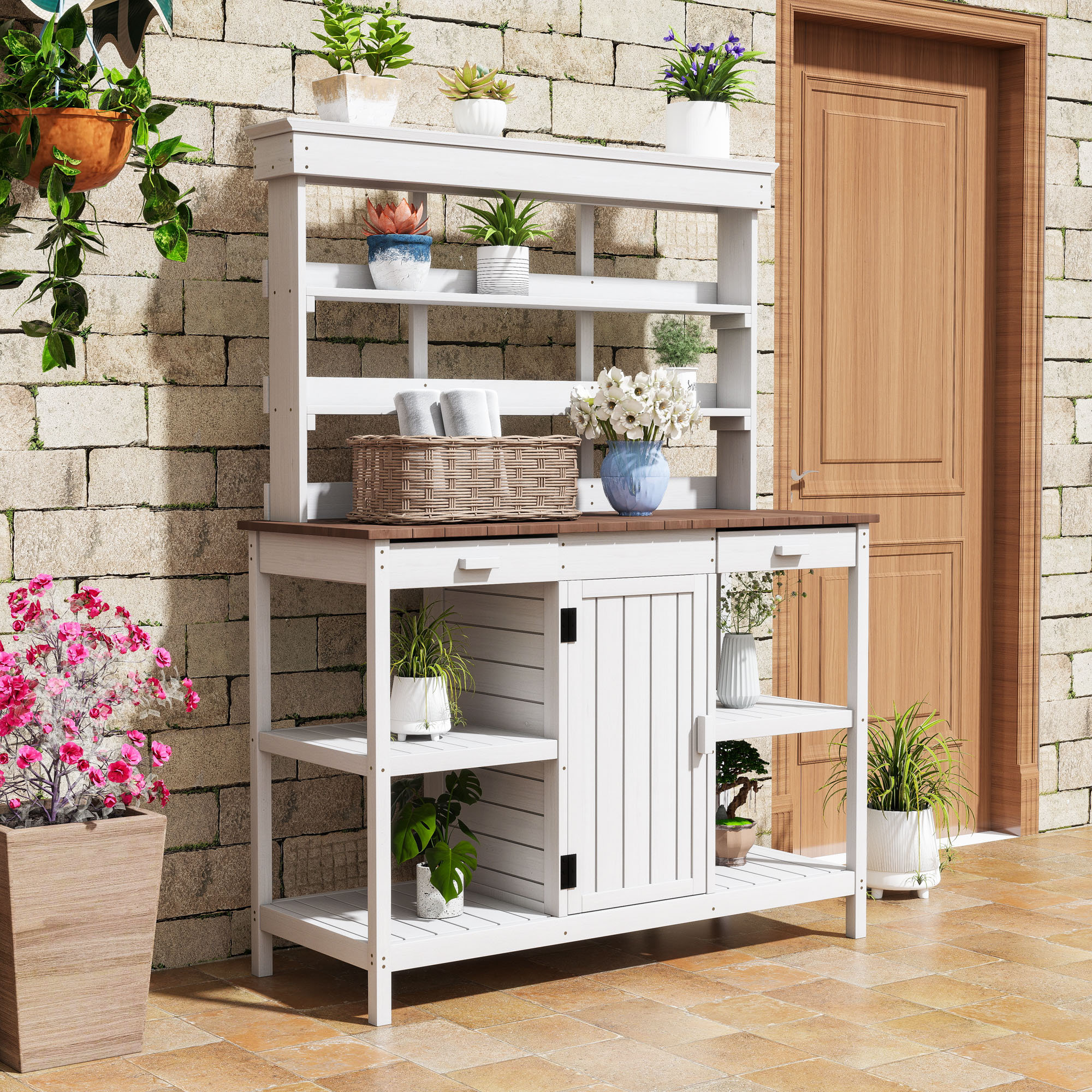 Red Barrel Studio® Outdoor 66" 2 Drawers Potting Bench Table with ...