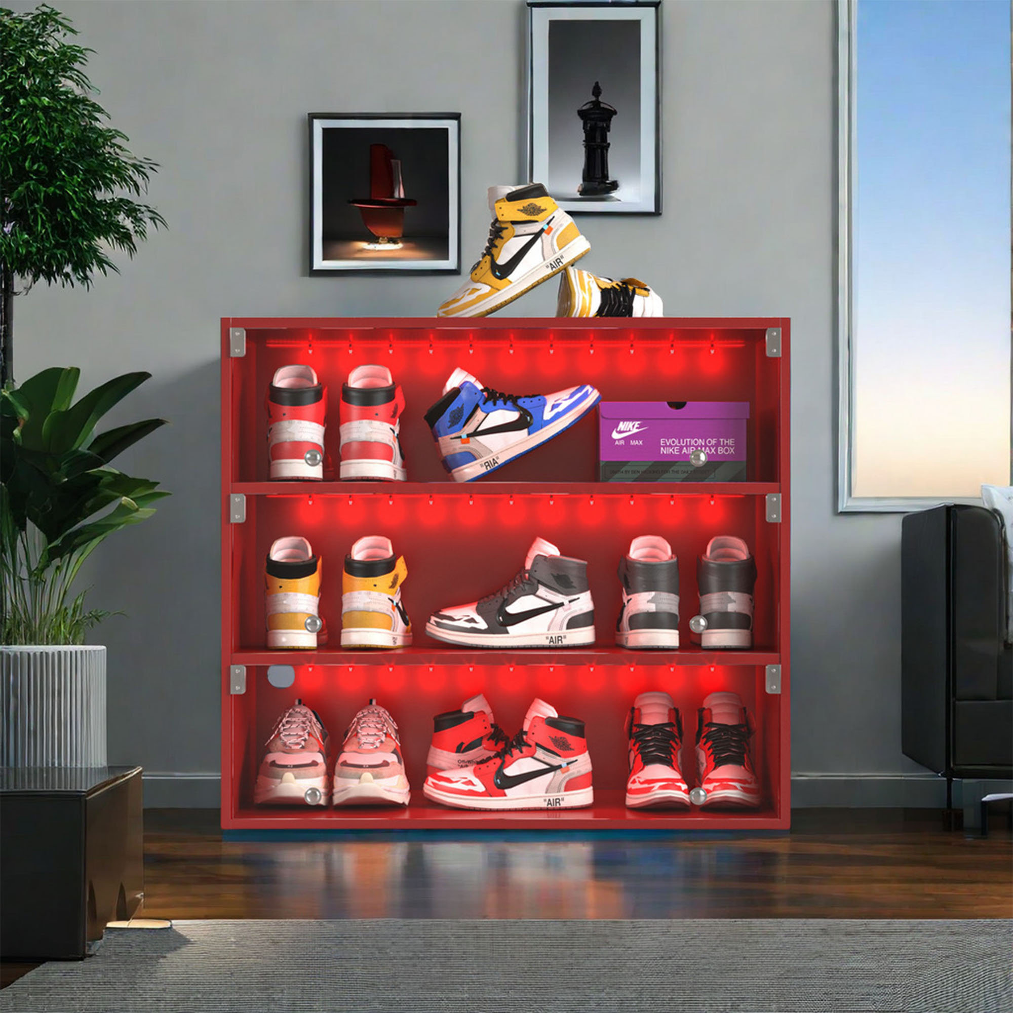 Rebrilliant 9-Pair RGB Shoe Storage Boxes with Wood Frame and Glass ...