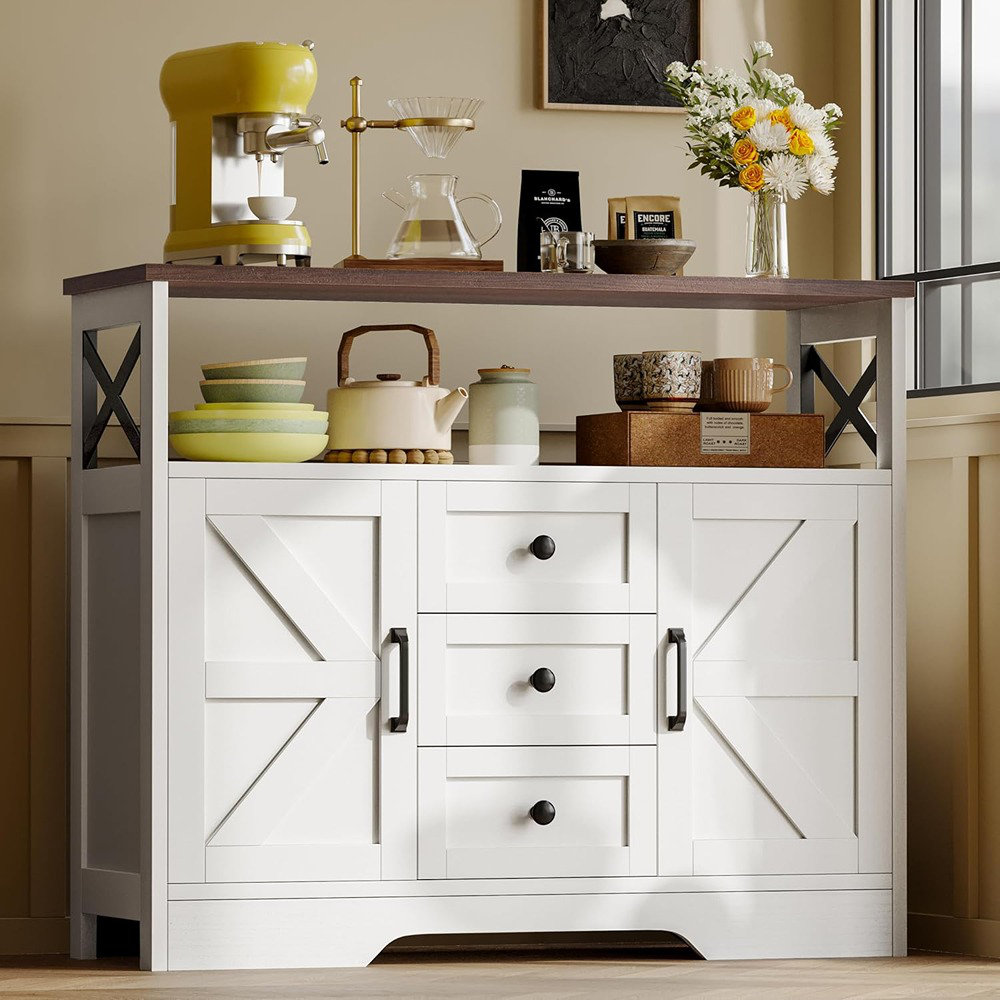 Gracie Oaks Buffet Cabinet Sideboard Farmhouse Coffee Bar With 3 ...