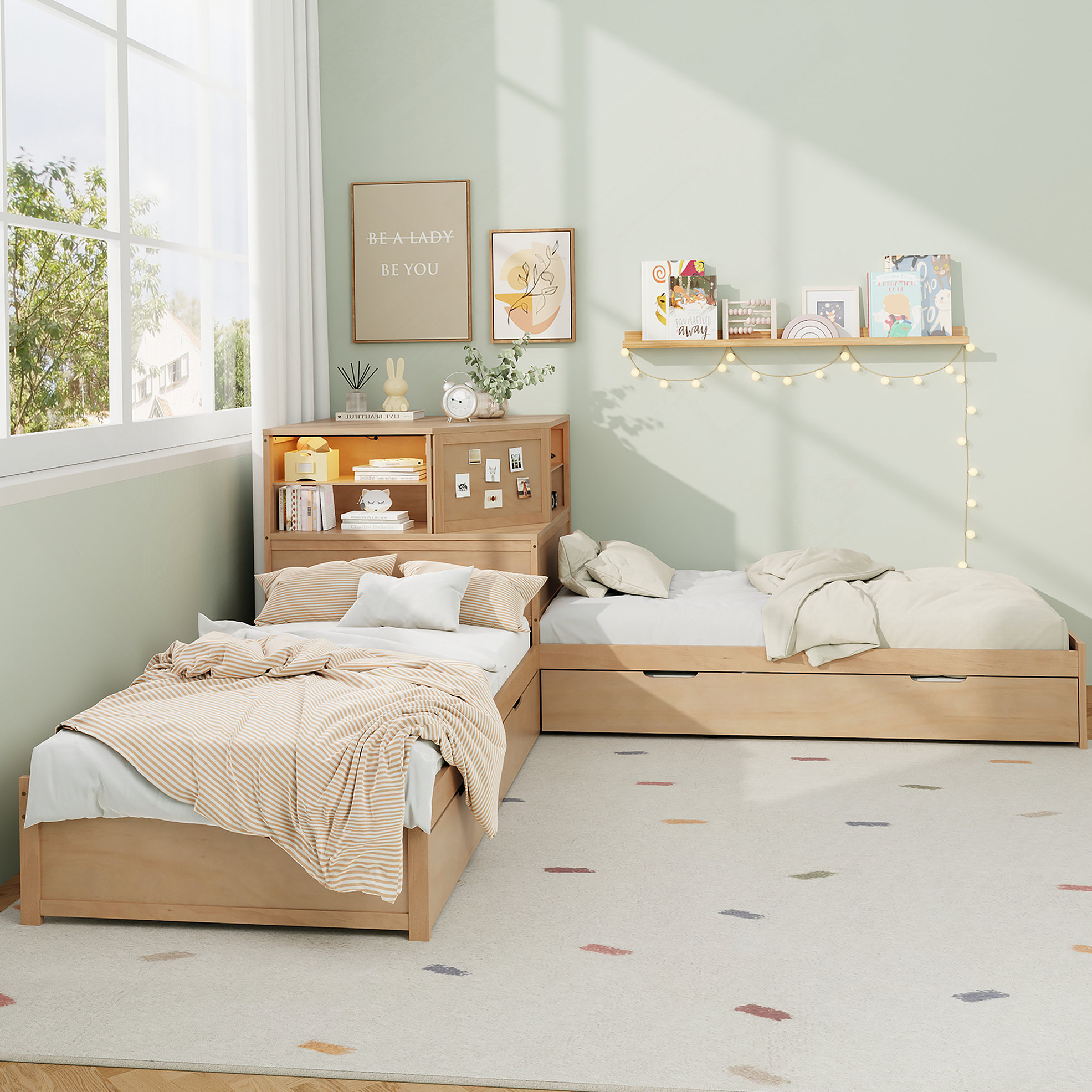 Ivy Bronx L-Shaped Combination Twin Bed with Trundle and Drawer,3-in-1 ...