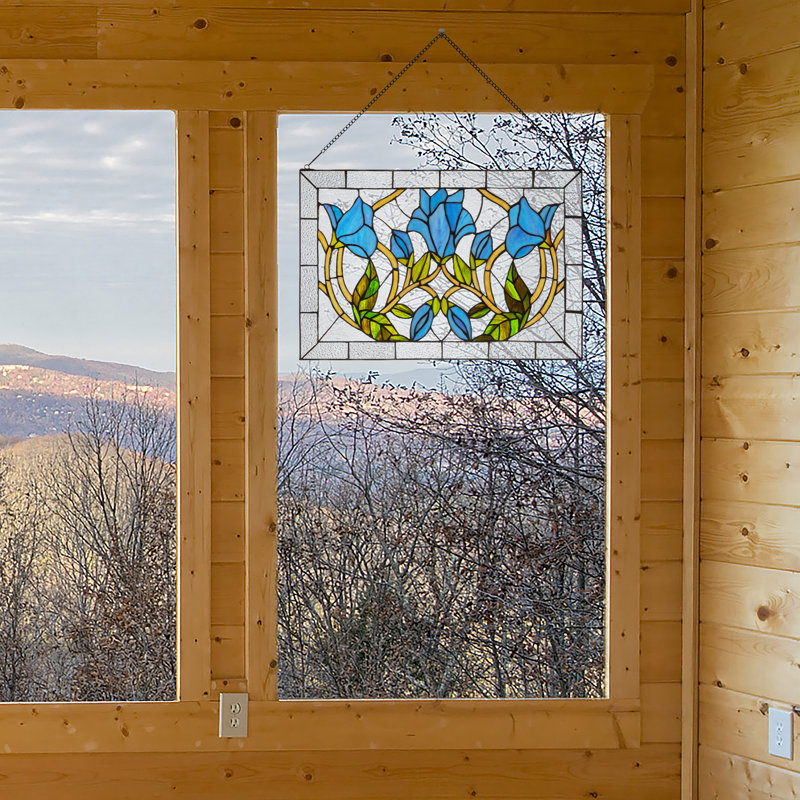 Fleur De Lis Living 16"H Floral Vines Multicolored Stained Glass Window ...