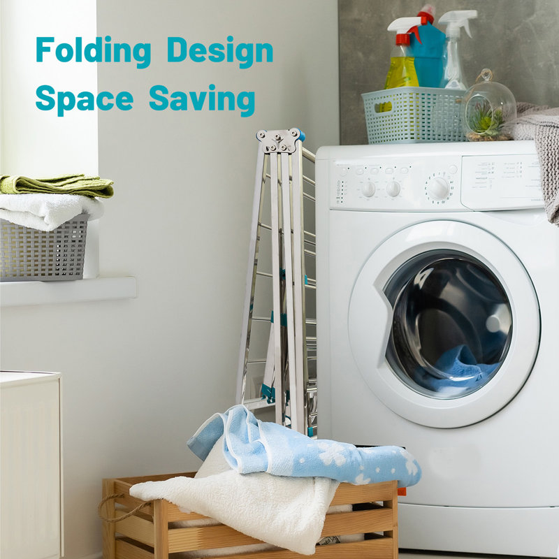 Rebrilliant Three-Layer Indoor Folding Drying Rack with Wheels, Silver ...