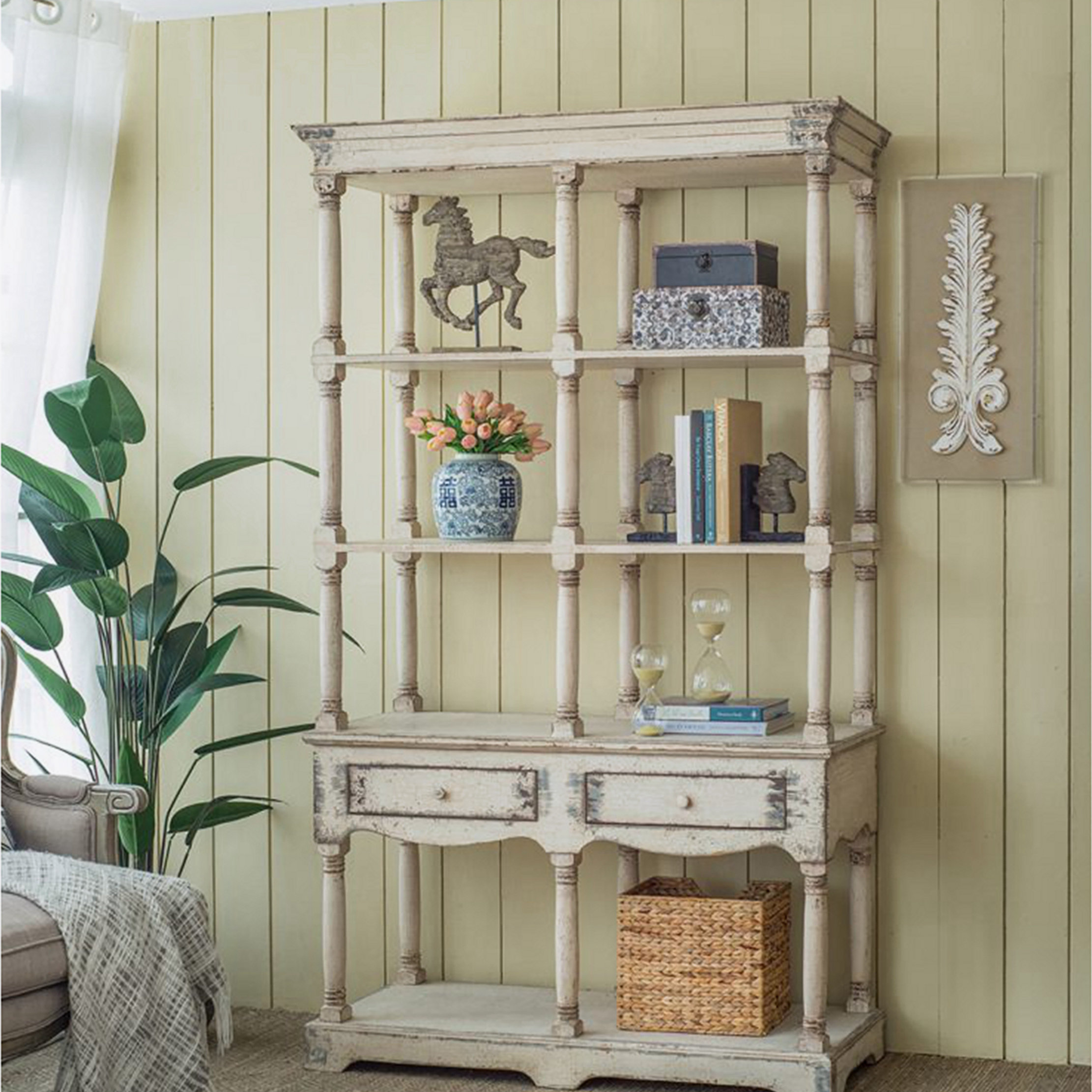 Farm on table 51x19.5x81.5", Four Tiered Wooden Shelf with Two Drawers ...