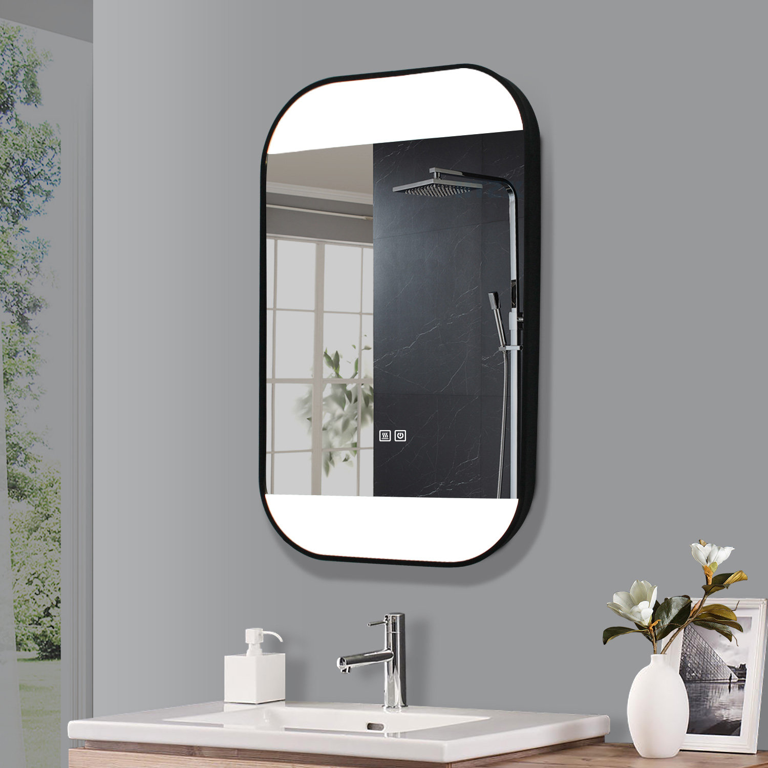 Ivy Bronx Sleek Black Metal Bathroom Mirror with LED Lighting and Anti ...