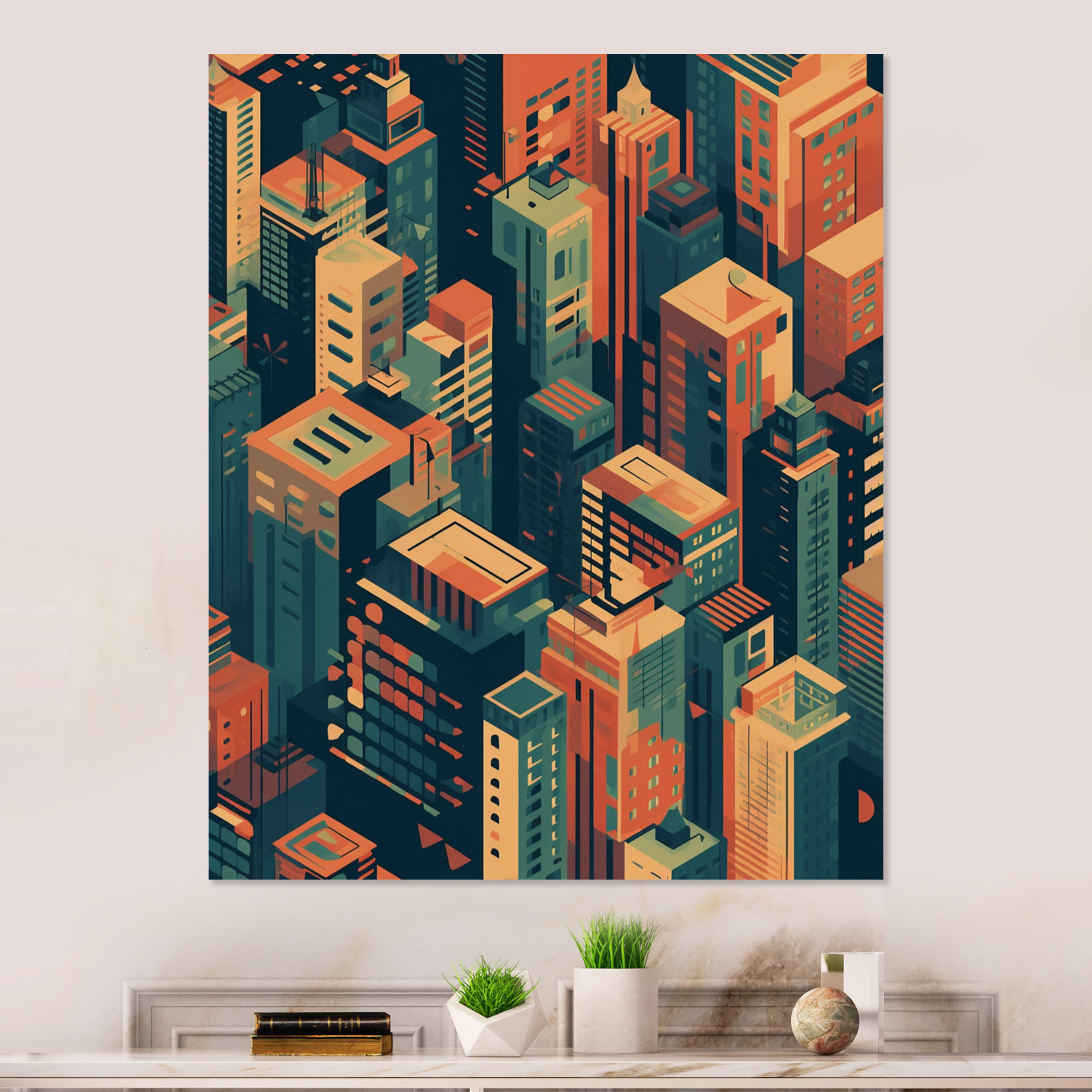 Red Barrel Studio® Blue and Orange Retro Cityscape I - City Art Deco ...