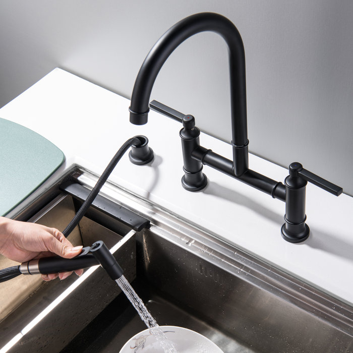 Selected Bridge Double Handles Kitchen Faucet With Side Spray & Reviews ...
