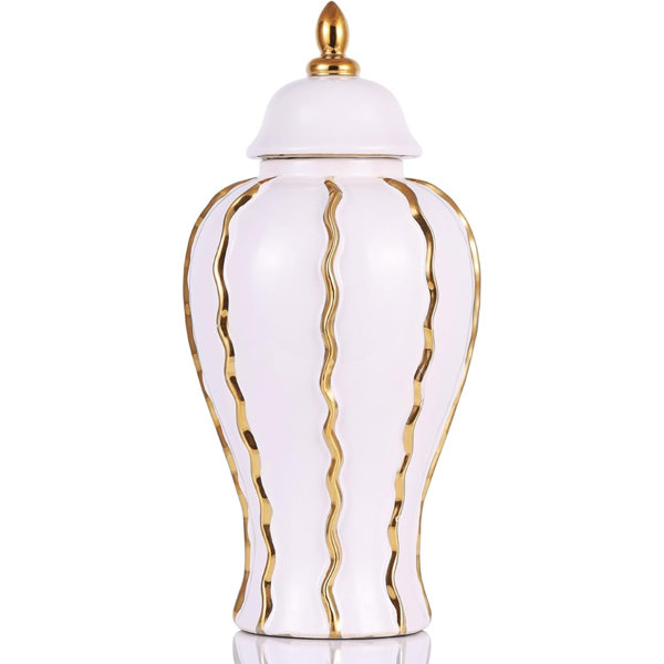 House of Hampton® 18.1" White and Gold Ceramic Ginger Jar Vase with Lid ...