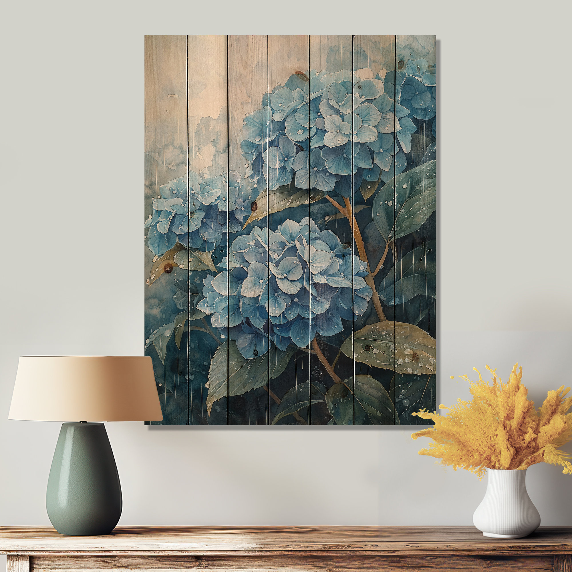 Ophelia & Co. Hydrangeas In A Rain Field I - Hydrangea Wood Wall Art ...