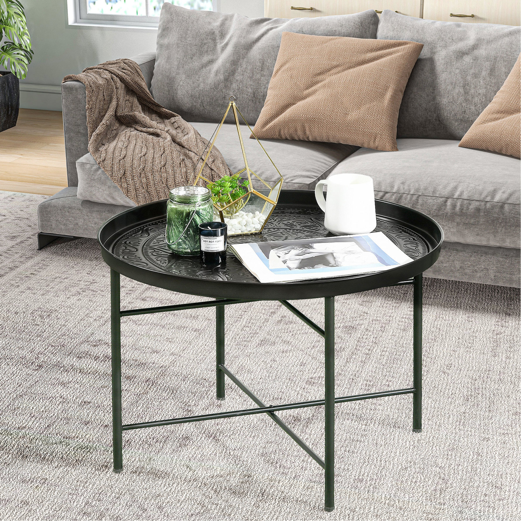 Ebern Designs 24" Round Coffee Table With Hammered Metal Top, For ...