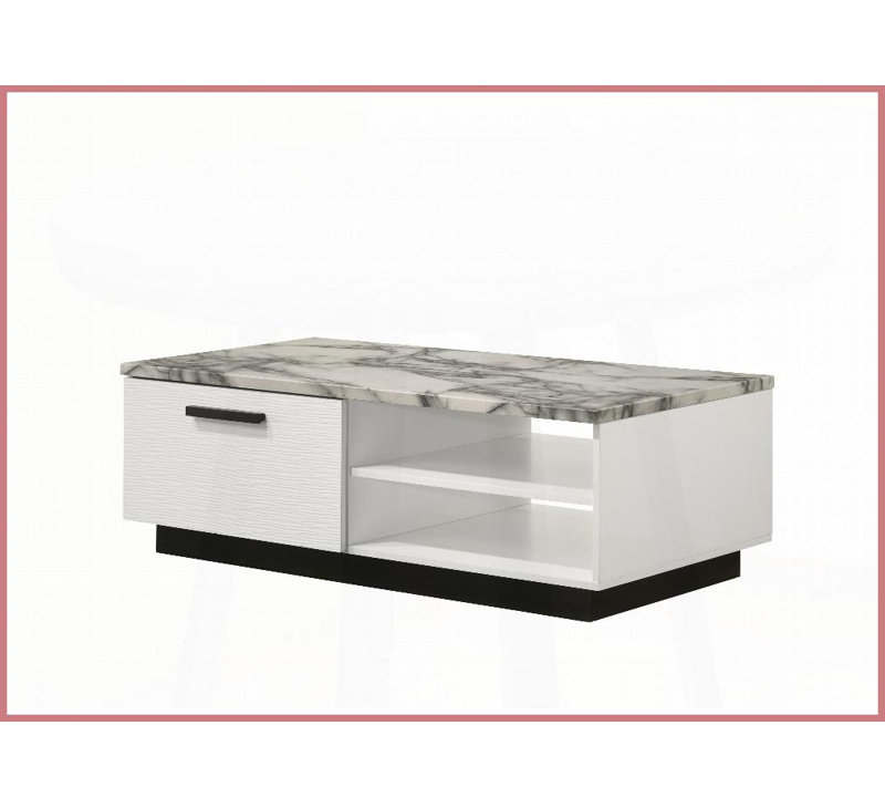 Latitude Run® 47” White Faux Marble Coffee Table – Drawer Storage ...