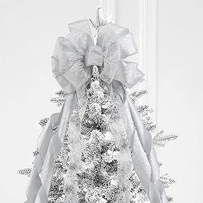Filbop Silver Christmas Tree Topper White Glitter Christmas Bows 12 ...