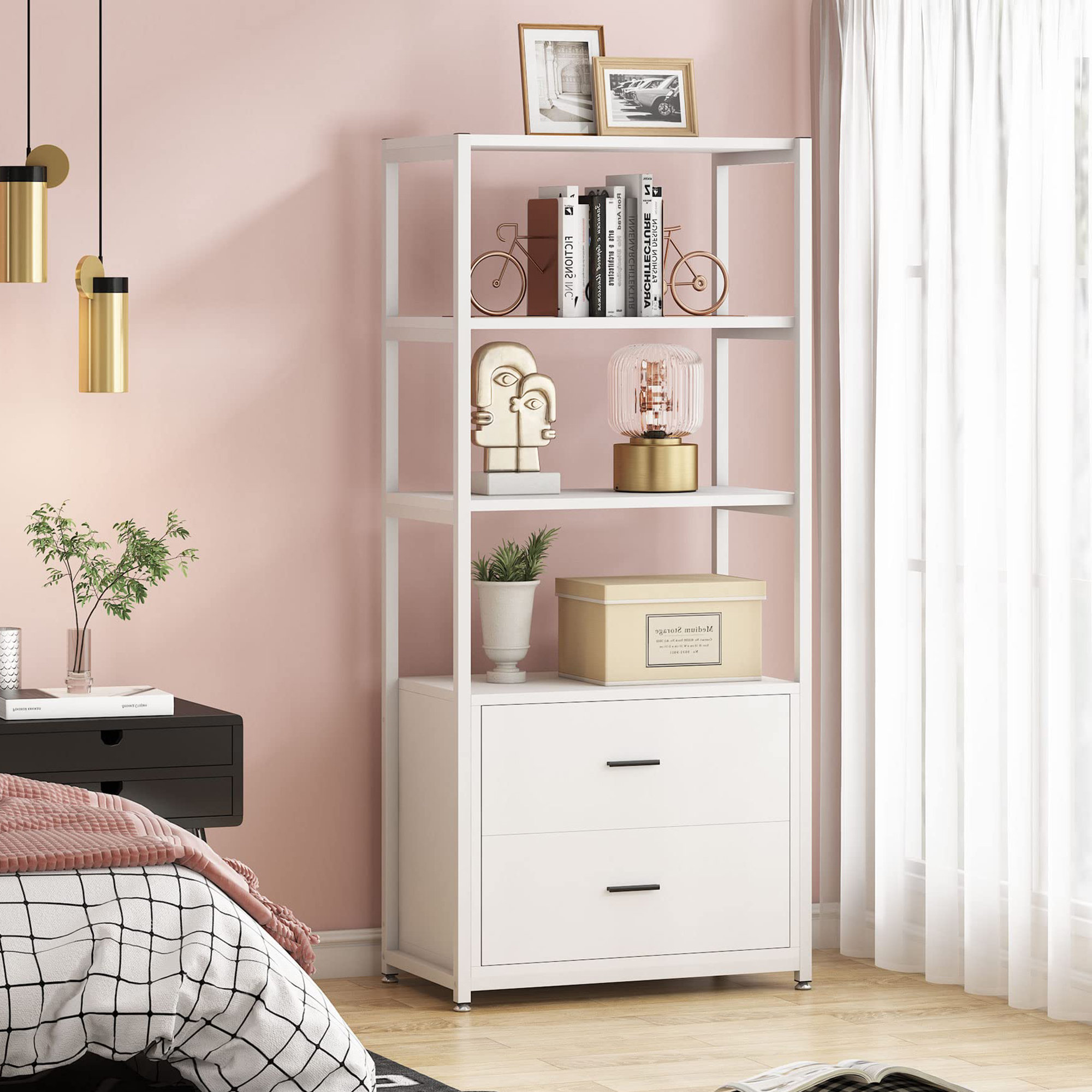 Latitude Run® Bookcase, 4-Tier White Bookshelf With 2 Drawers, Etagere ...