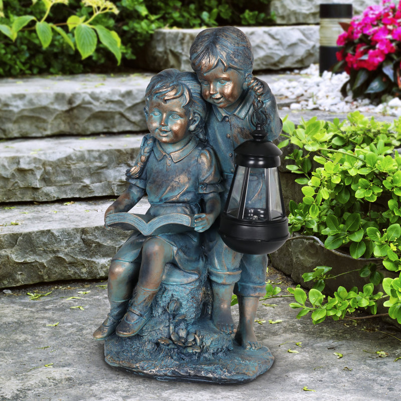 Exhart Solar Antique Innocence Faux Bronze Boy and Girl Statue, 9 by 15 ...