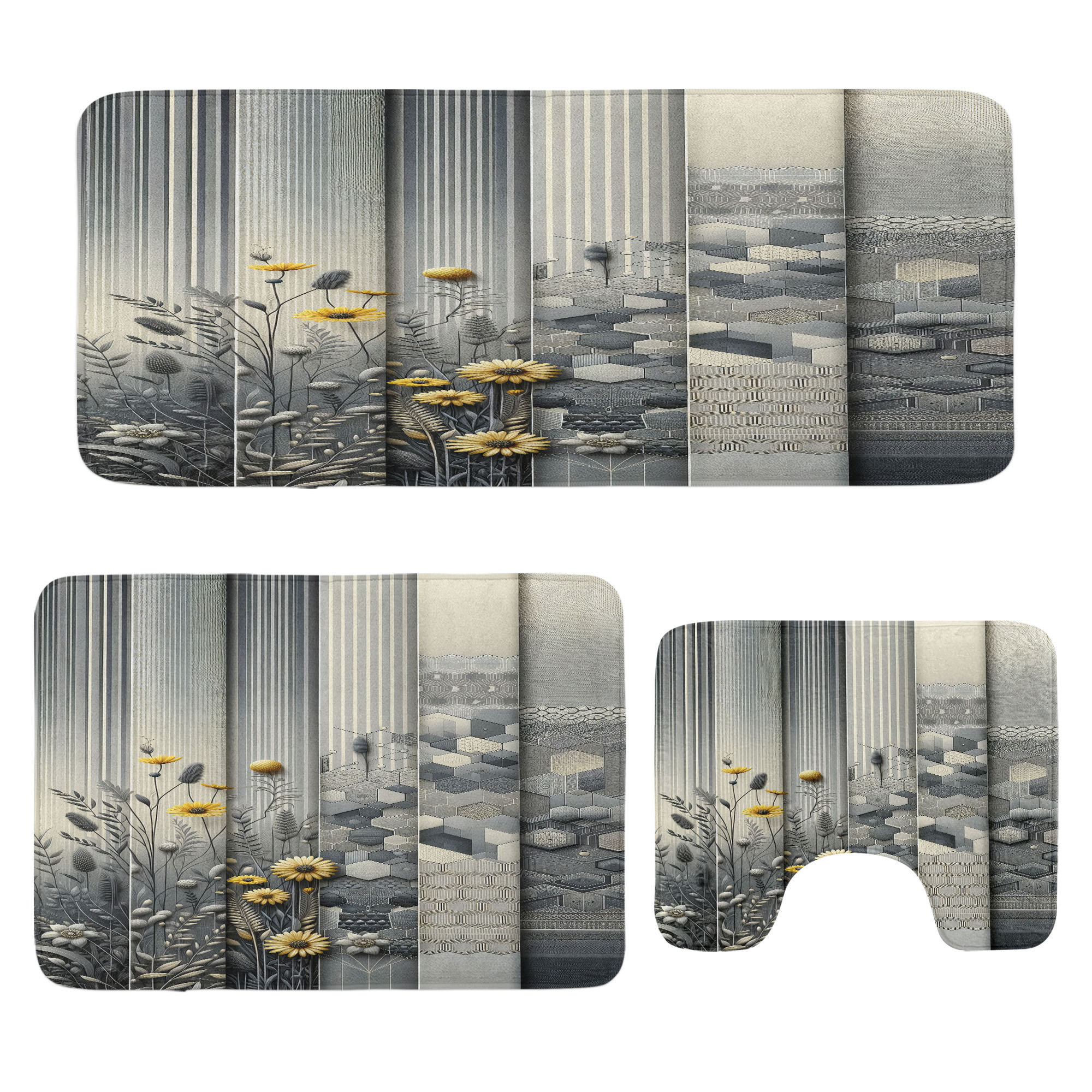 East Urban Home Grey Bathroom Rug Set 3 Pieces U-Shape & Rectangle Mats ...