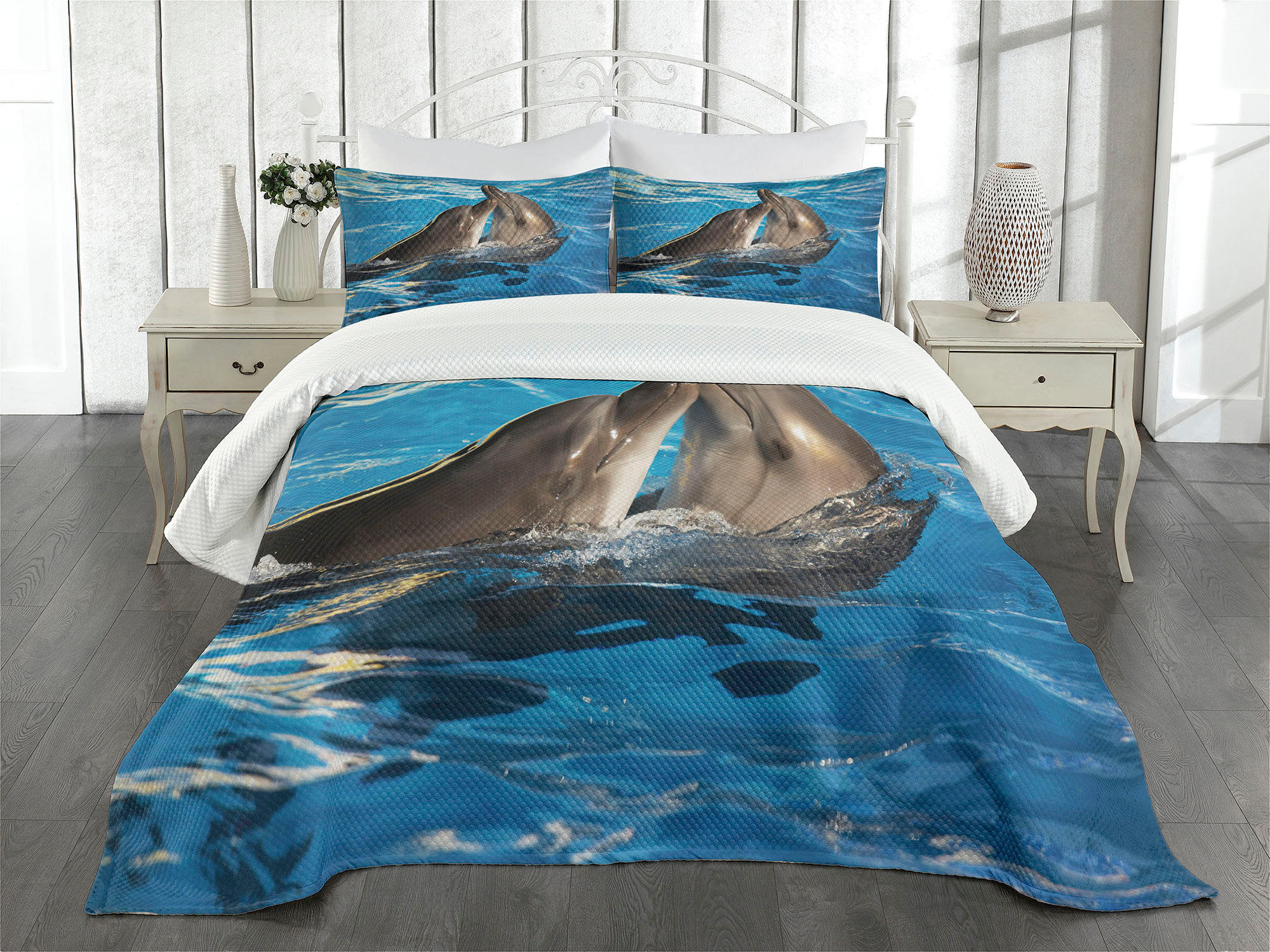 Ambesonne Dolphin Bedspread Set Aqua Show Photography Blue Dark Taupe ...