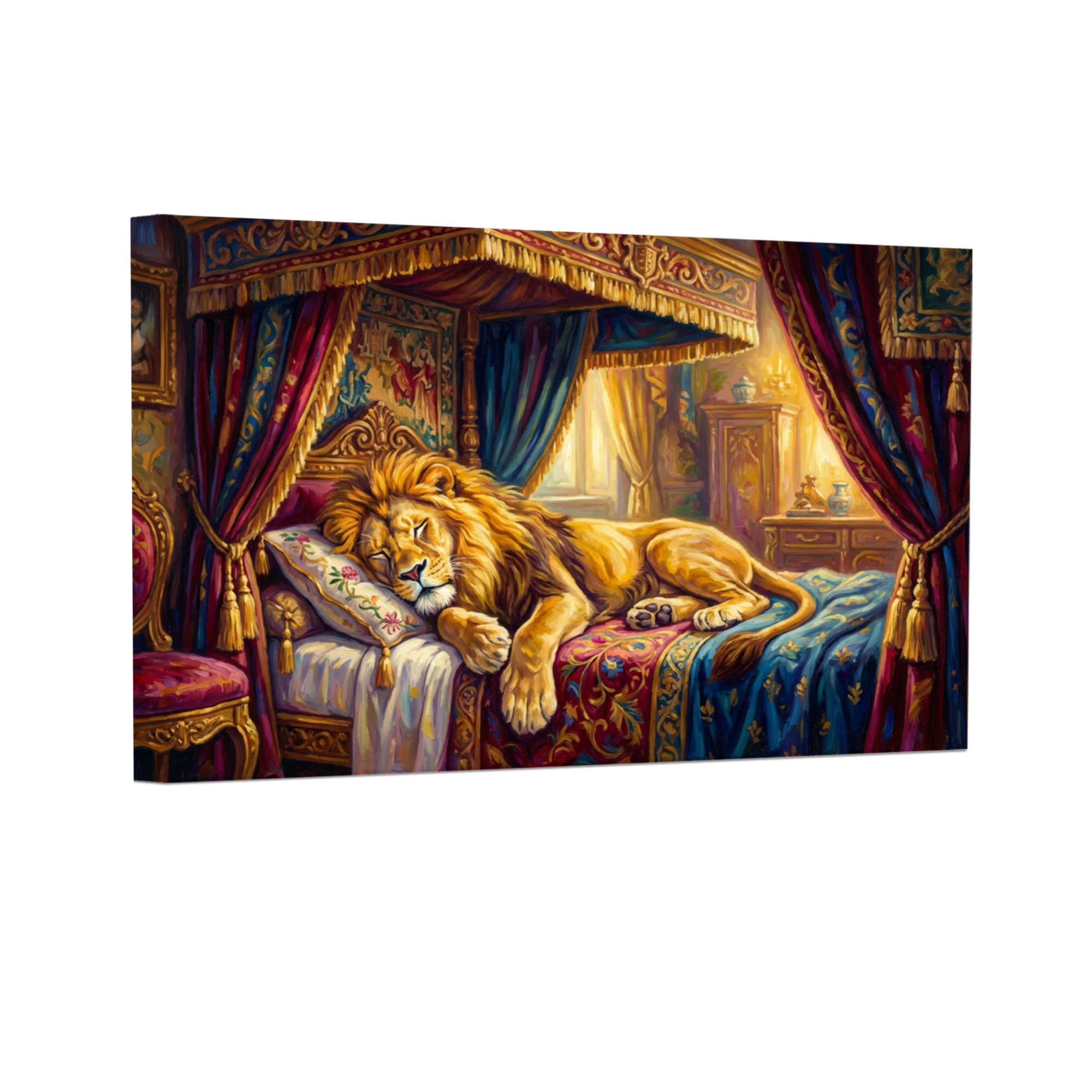 Everly Quinn Animals Lion Resting On Royal Bed With Curtains | Wayfair