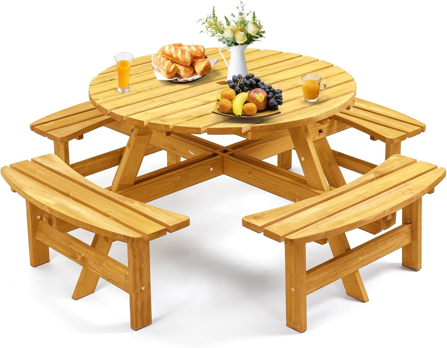 Arlmont & Co. 8 Person Wood Picnic Table, Round Tabletop With Umbrella ...