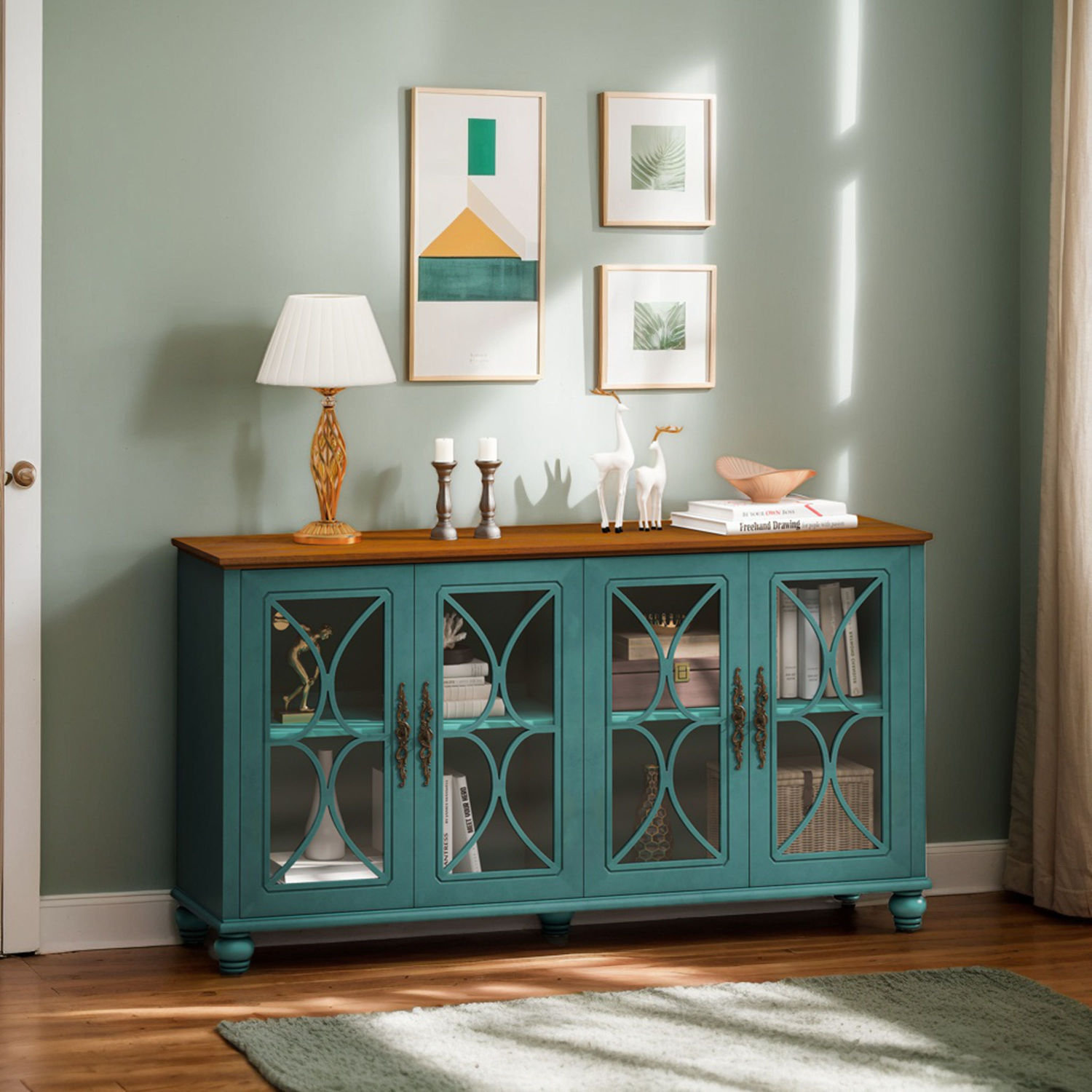 Charlton Home® Antique Style 4-door Sideboard With Tempered Glass Doors ...
